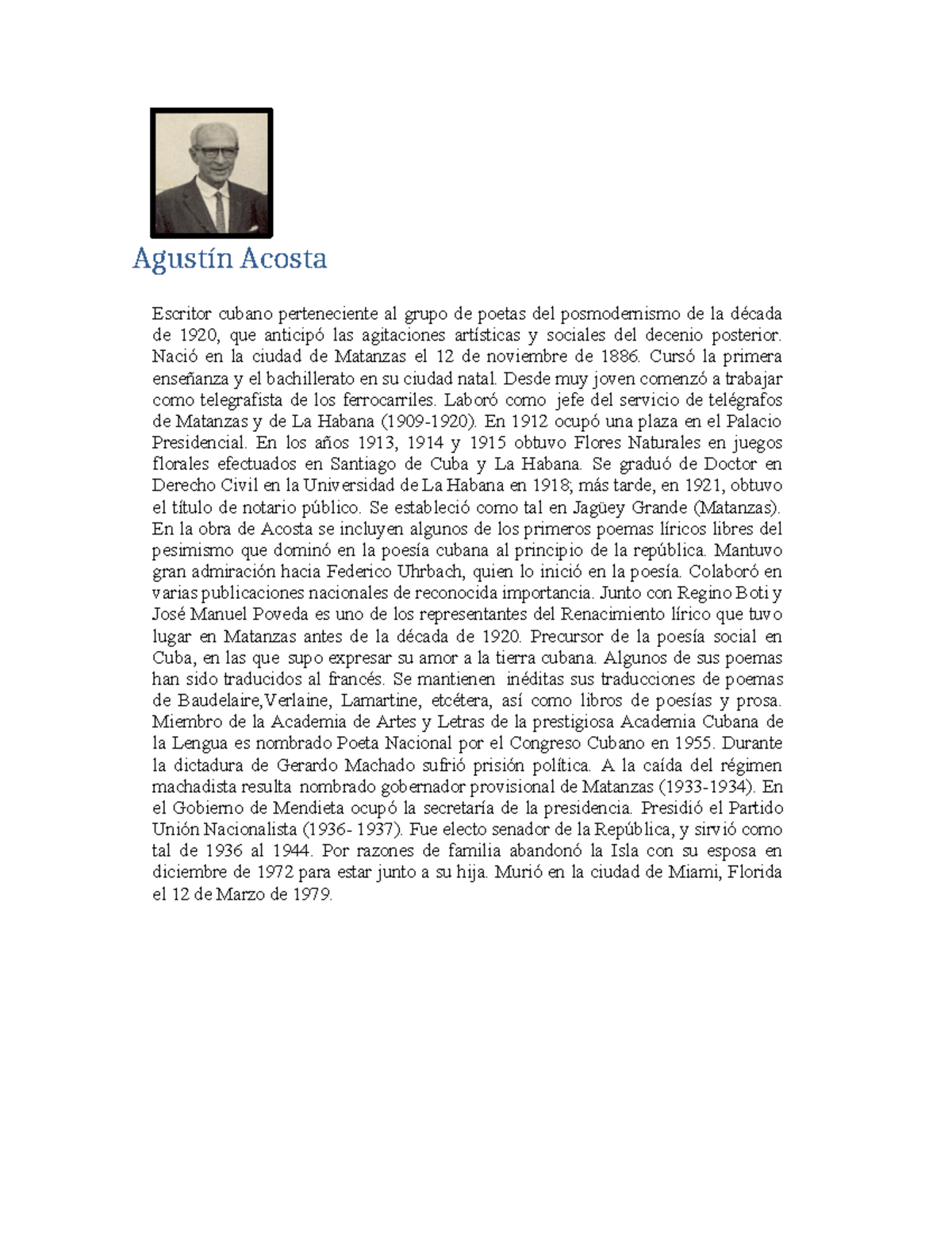 Agustín Acosta: Poeta Cubano del Posmodernismo (1920) - Studocu