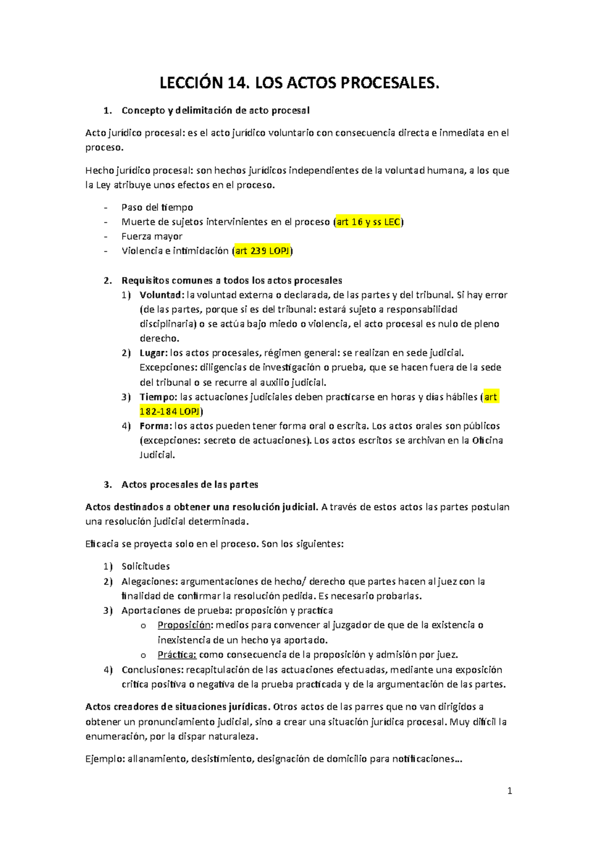 Lección 14 - Actos Procesales en Procesal 1: Apuntes y Conceptos Clave ...