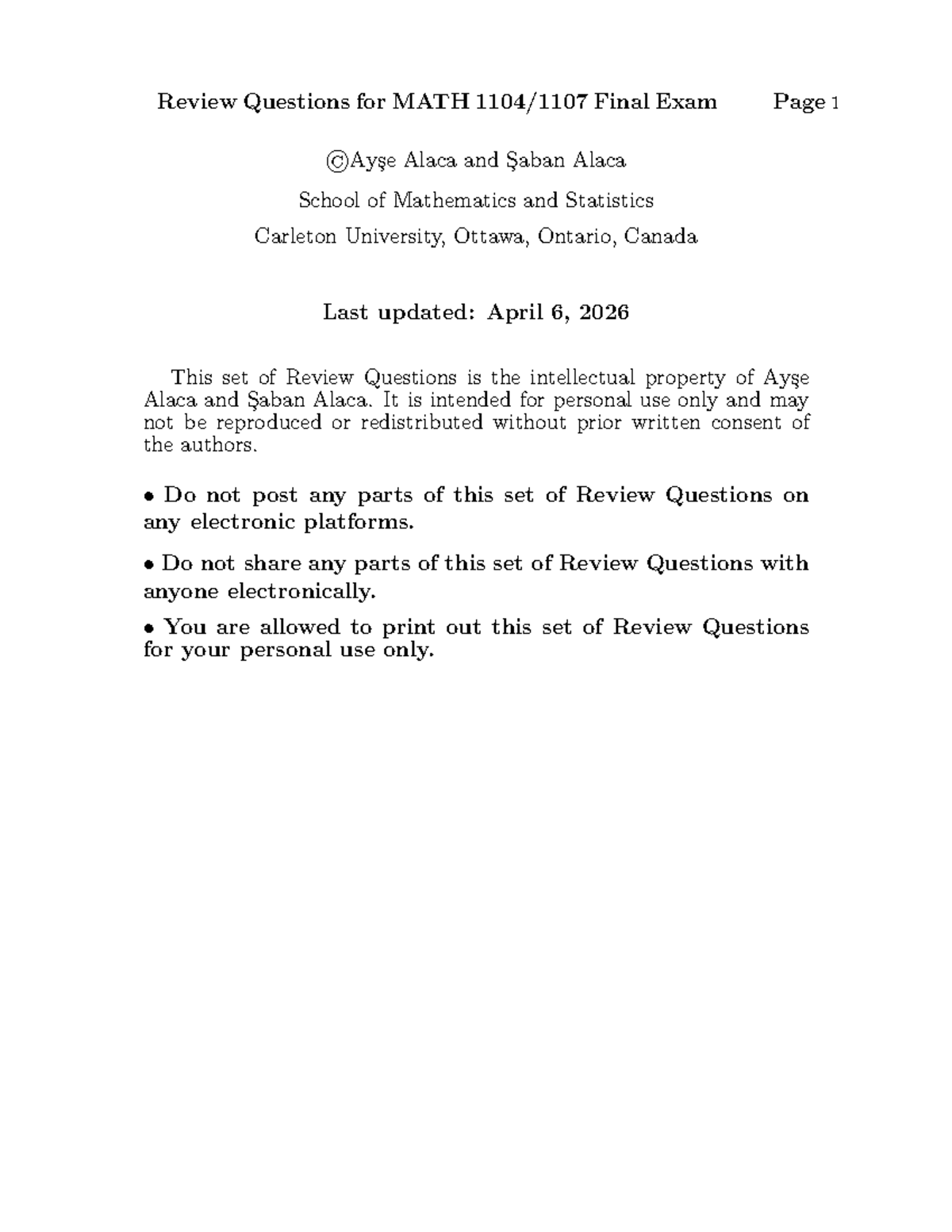 MATH 1104 Final Exam Review Questions W2026 - Studocu