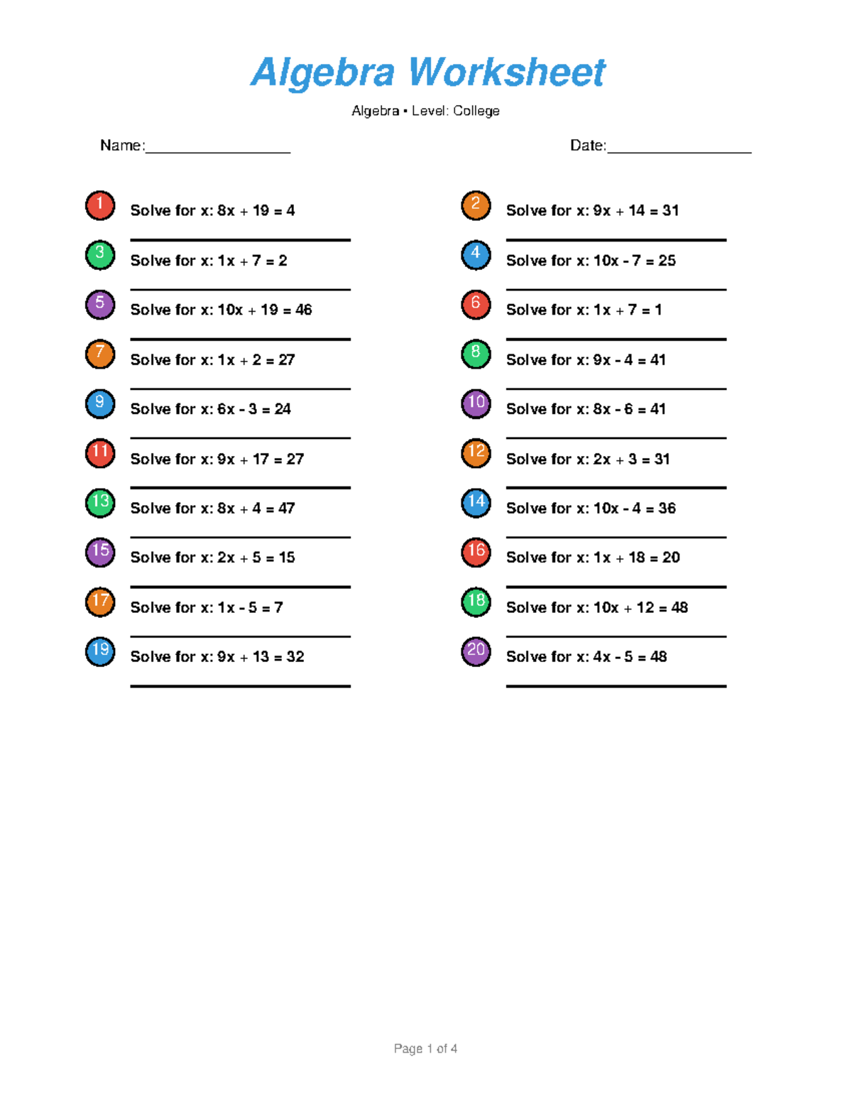 Algebra Worksheet - College 1 Level Practice Problems - Studocu