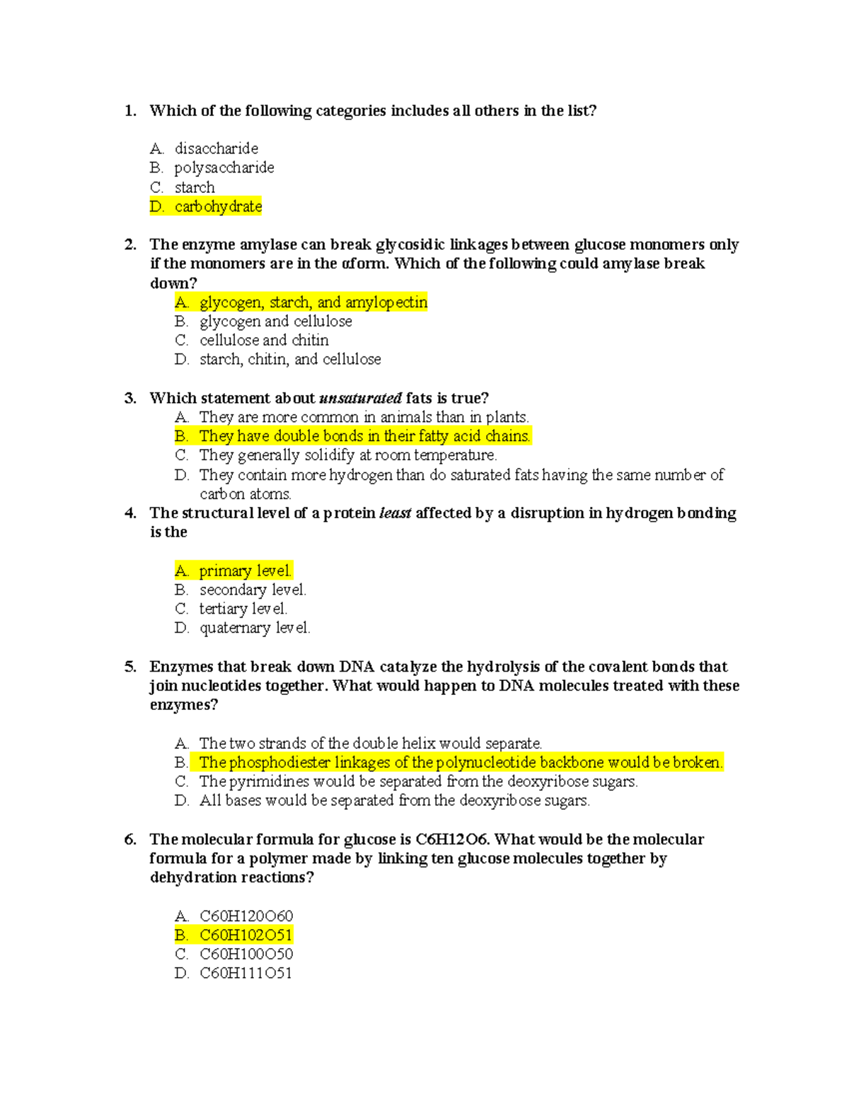 Chapter 5 Practice Problems for Biology 101: Carbohydrates & Enzymes ...
