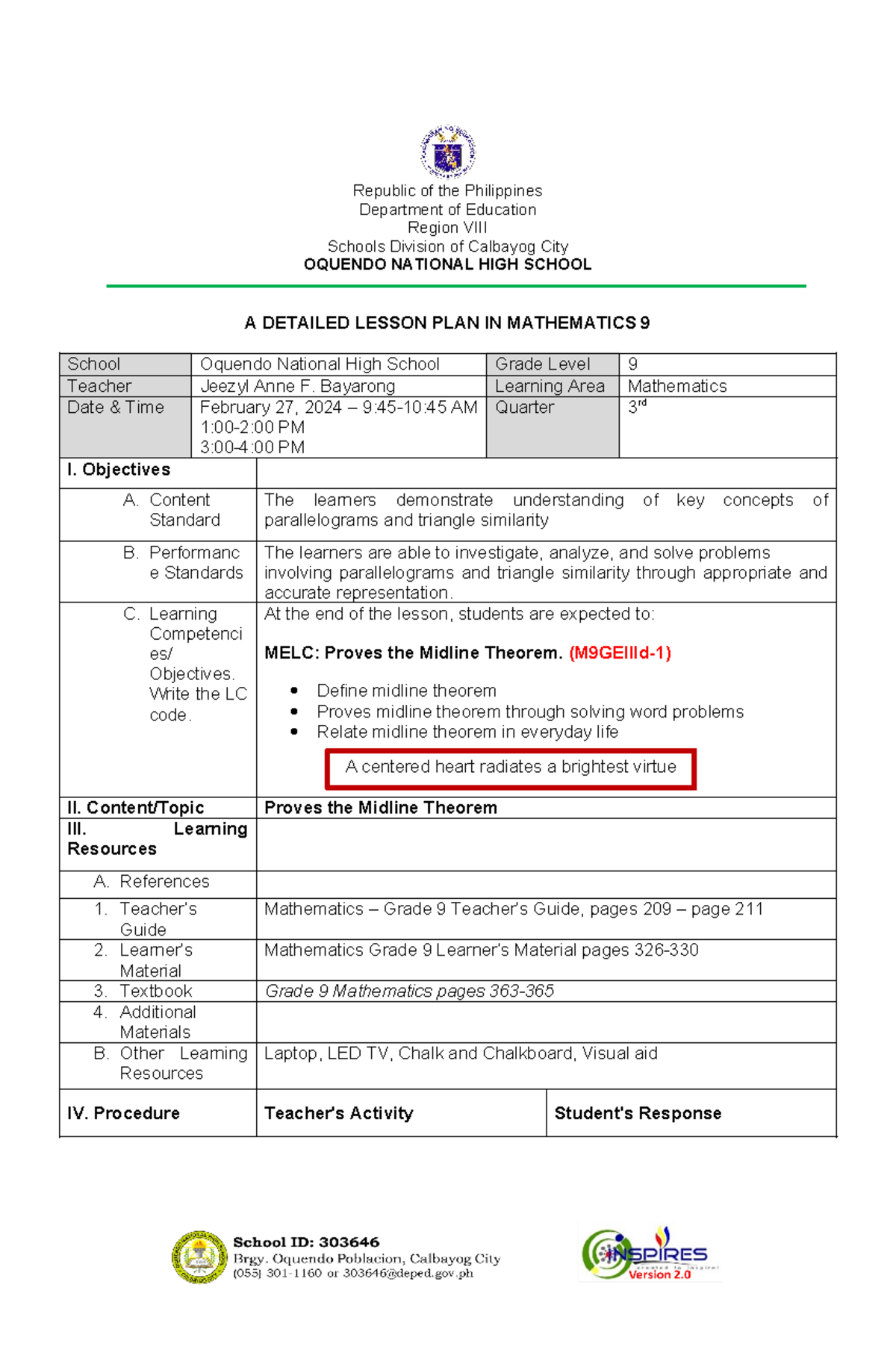 Mathematics 9 Detailed Lesson Plan: Proving the Midline Theorem - Studocu