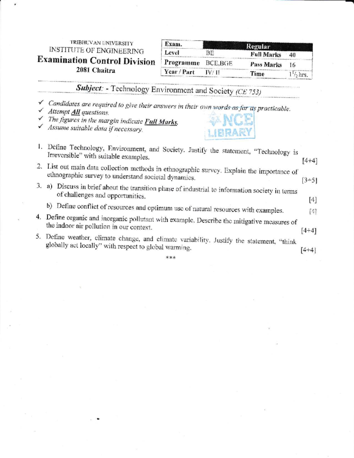 Technology Environment and Society (CE 153) Past Exam Questions - Studocu