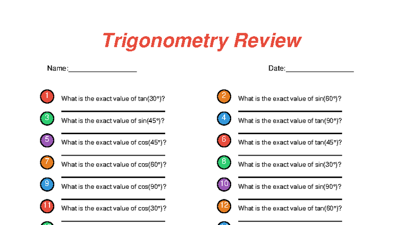 Trigonometry Review 1: Exact Values and Answer Key - Studocu