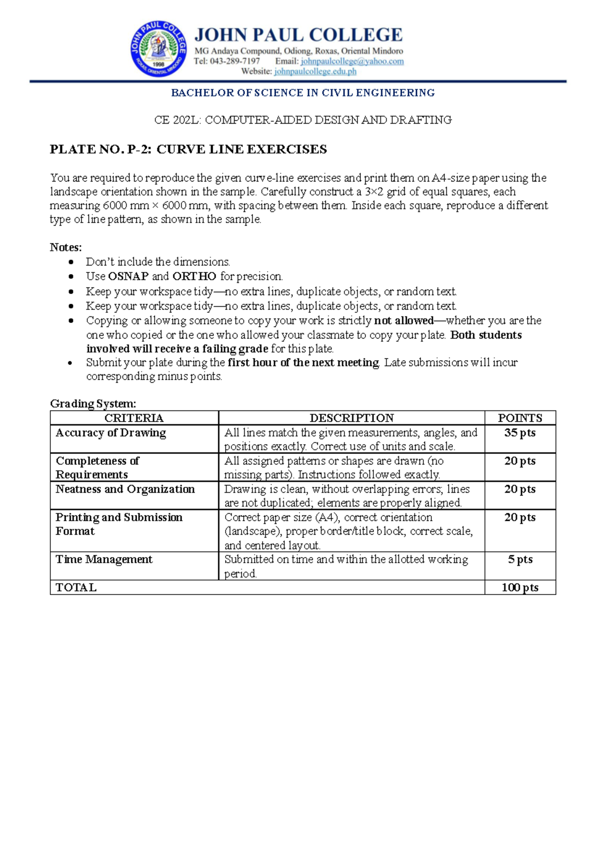 CE 202L: Design & Drafting Plate No. Curve Line Exercises - Studocu