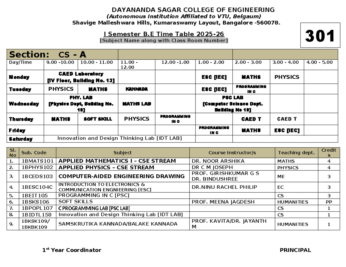 Tentative I SEM 2025-26 Physics Cycle Time Table for B.E. Students ...