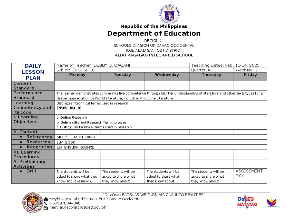 G10 ENGLISH 10 Q4 WEEK 1 - Daily Lesson Plan on Research - Studocu