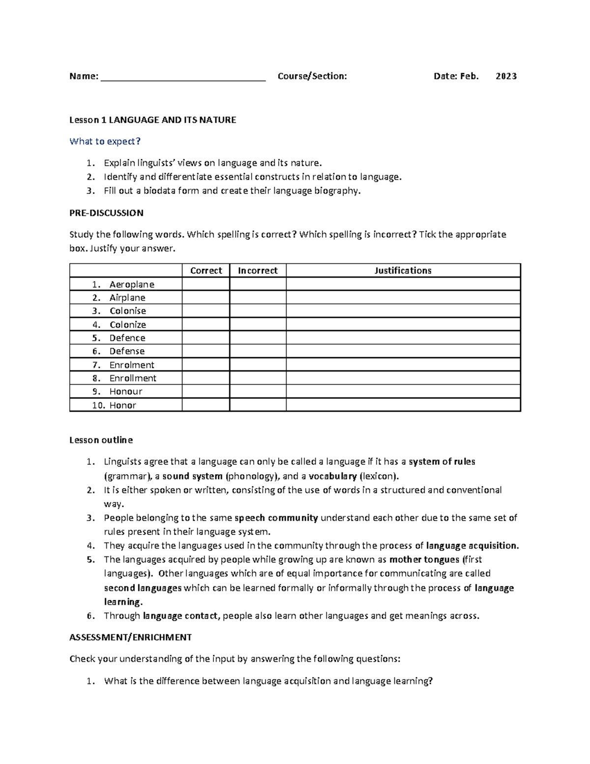 Lesson 1 Language and Its Nature - Name ...