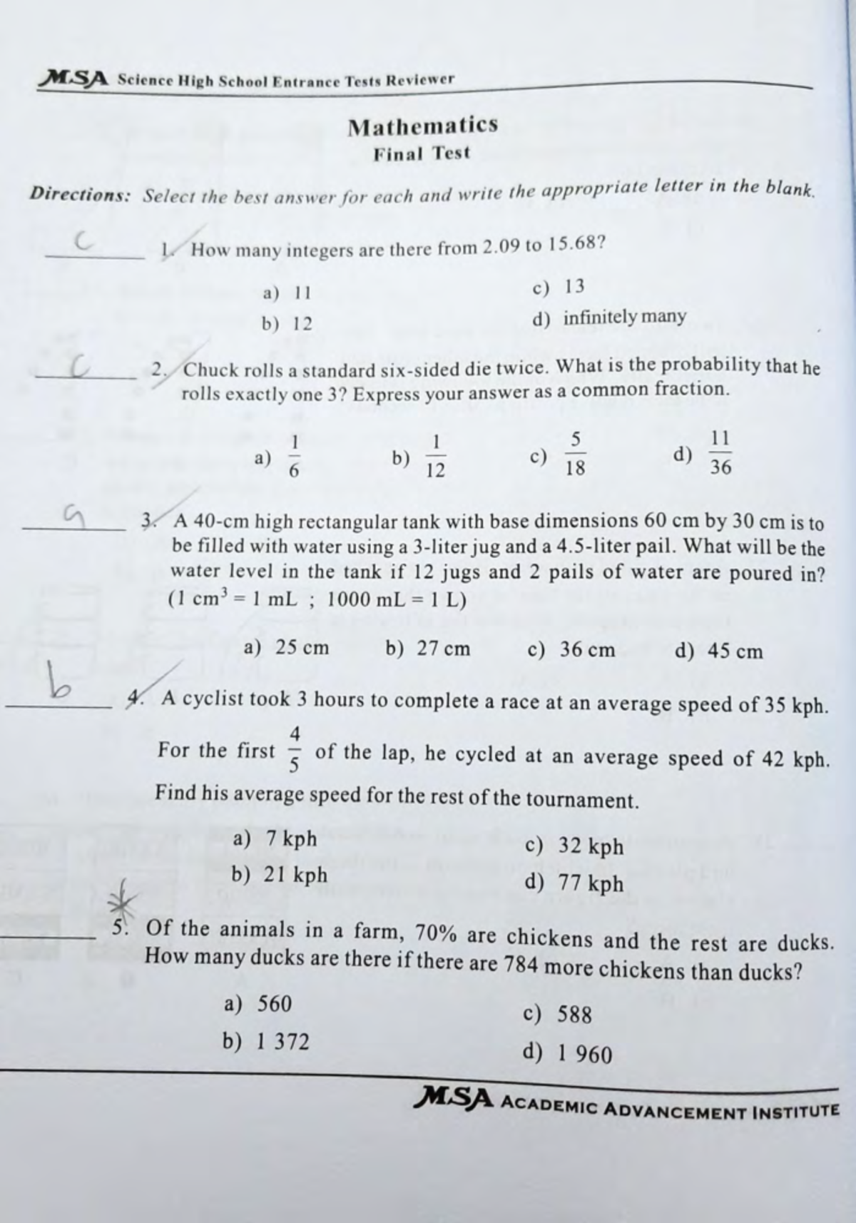 Math Final Test Reviewer for MSA Science High School Entrance Exam ...