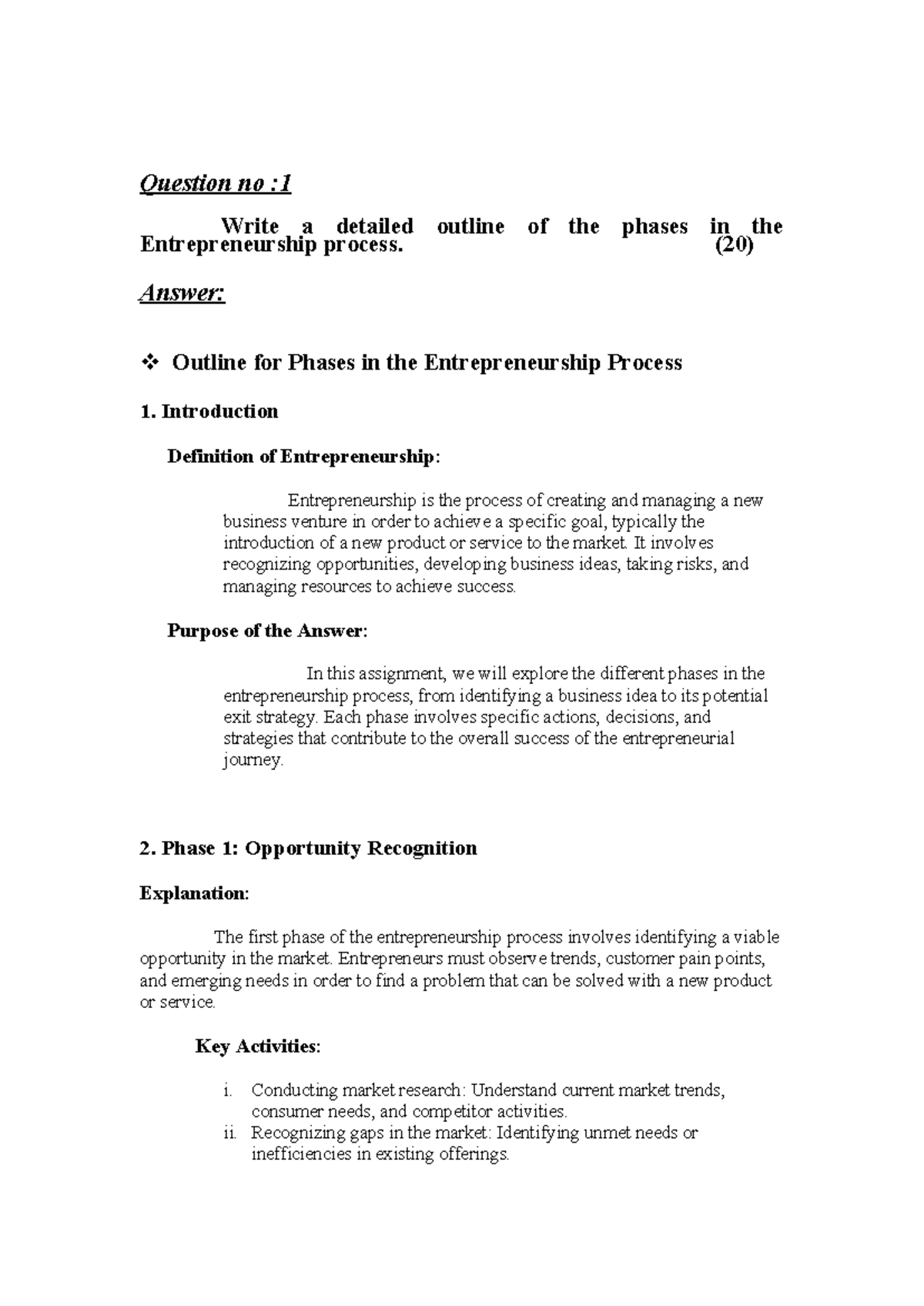 Entrepreneurship Process Phases: Detailed Outline (5026) - Studocu