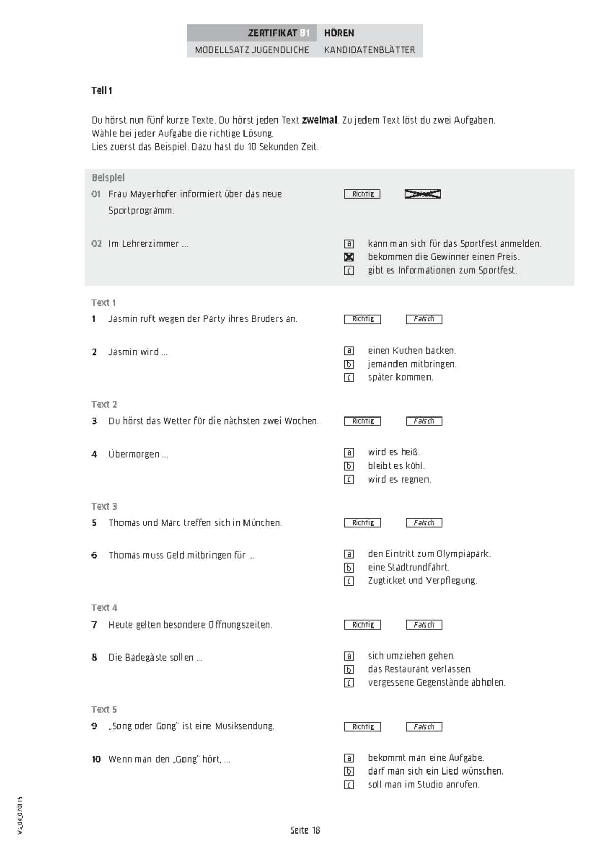 Hören 2 - Goethe Zertifikat B1 Modelltest mit Lösungen - Studocu