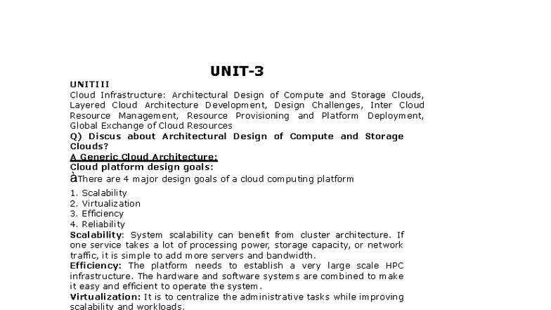 CC Unit3 - Architectural Design and Challenges in Cloud Computing - Studocu