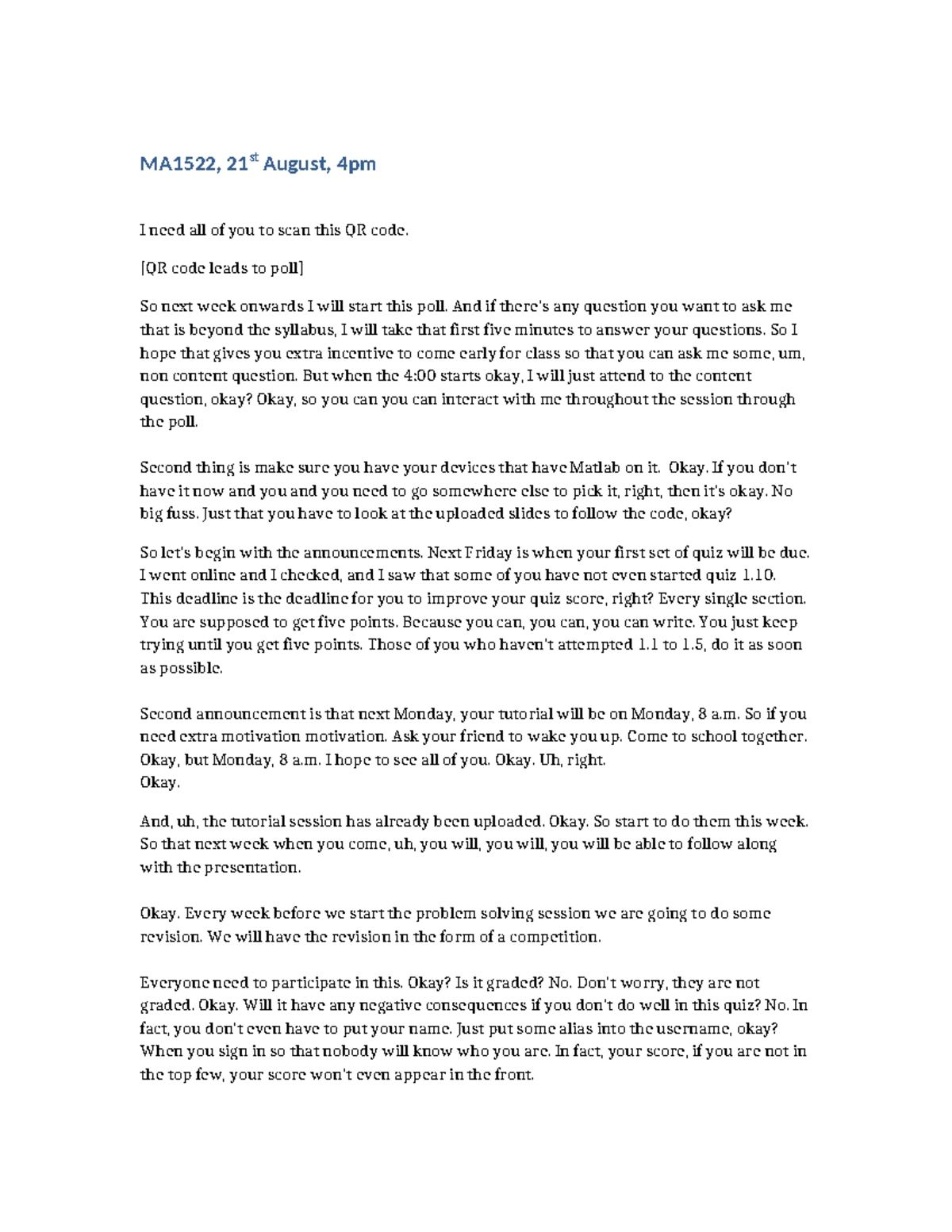 MA1522 Problem Solving Session #1 - Key Announcements & MATLAB Tips - Studocu