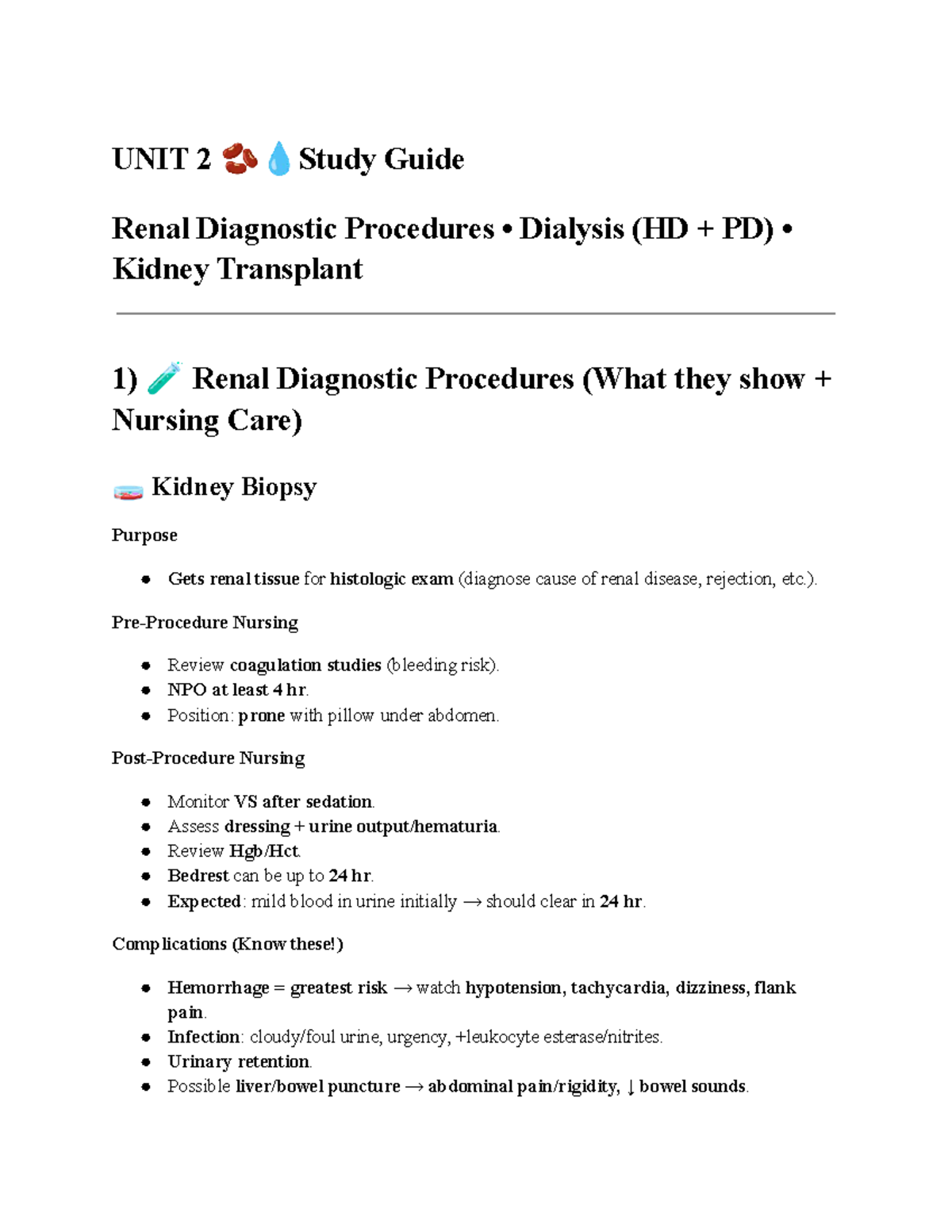 UNIT 2 Guide: Renal Diagnostic Procedures & Dialysis (HD/PD) - Studocu