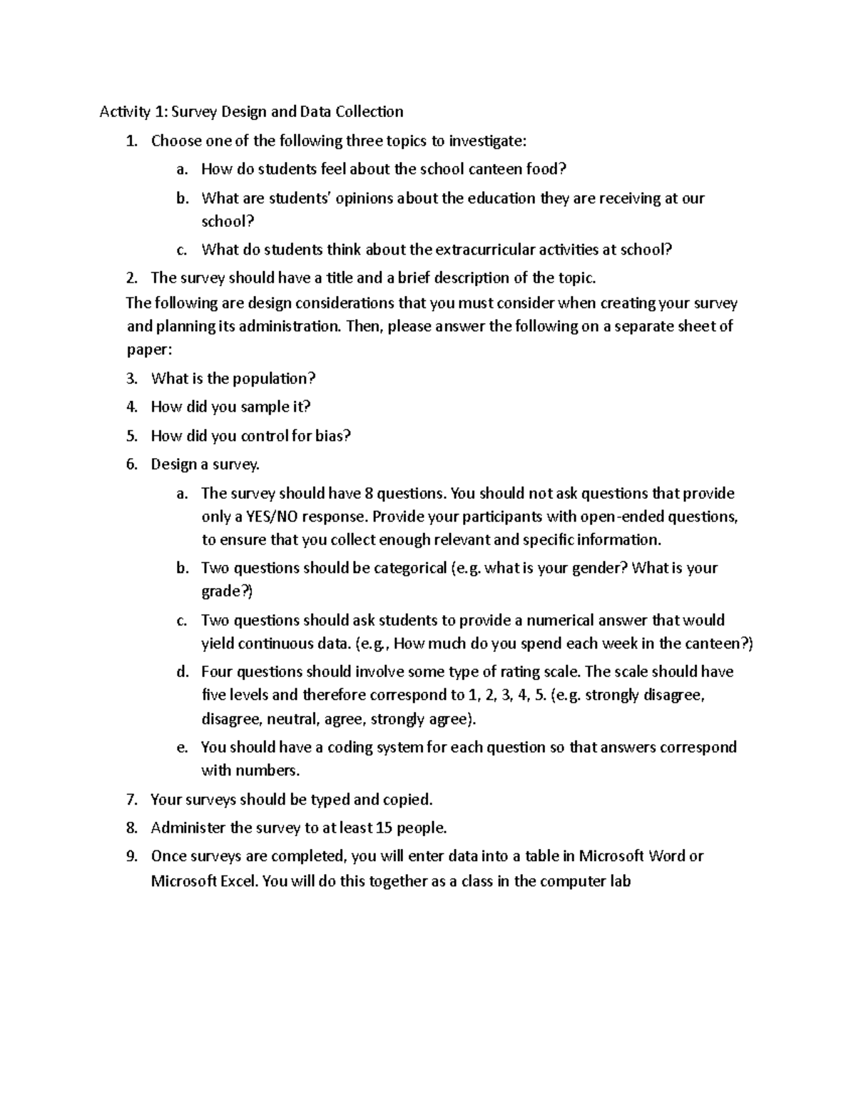 Activity-1-Statistics - Activity 1: Survey Design and Data Collection 1 ...