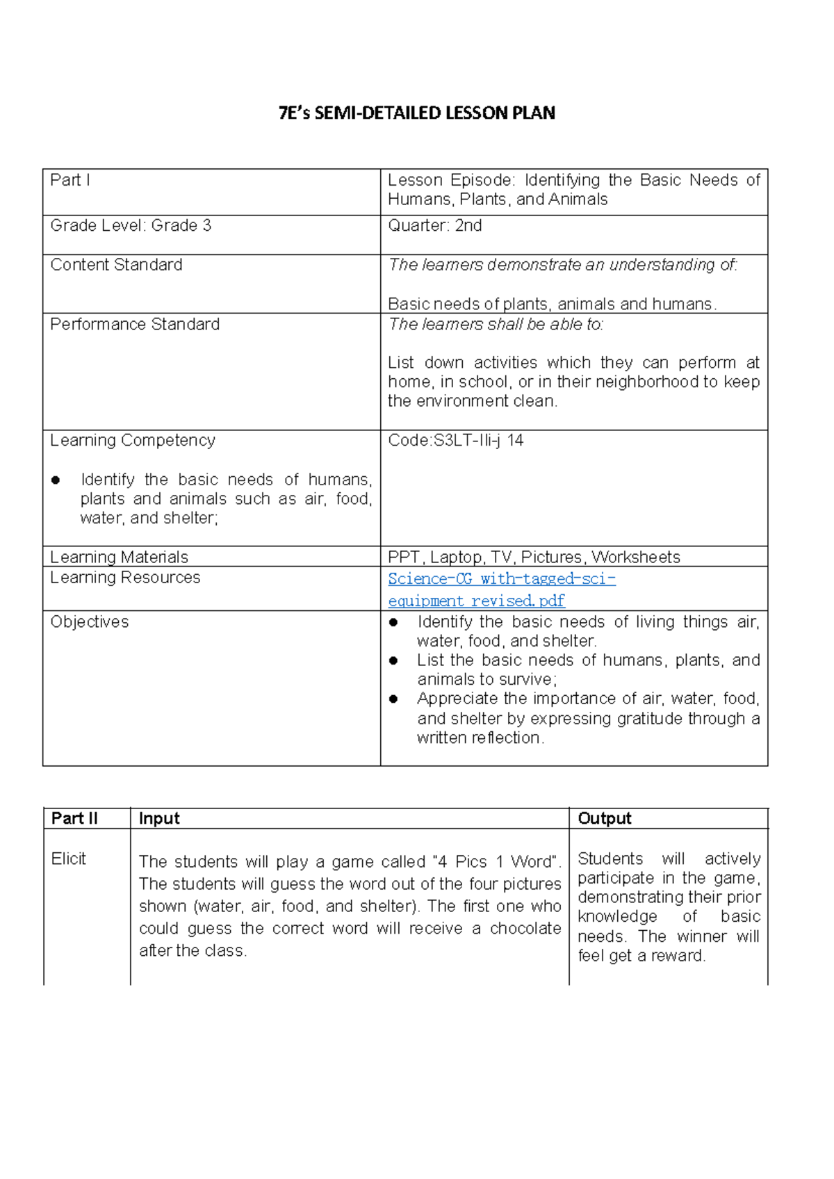 LESSON PLAN: Basic Needs of Humans, Plants, and Animals (Grade 3) - Studocu