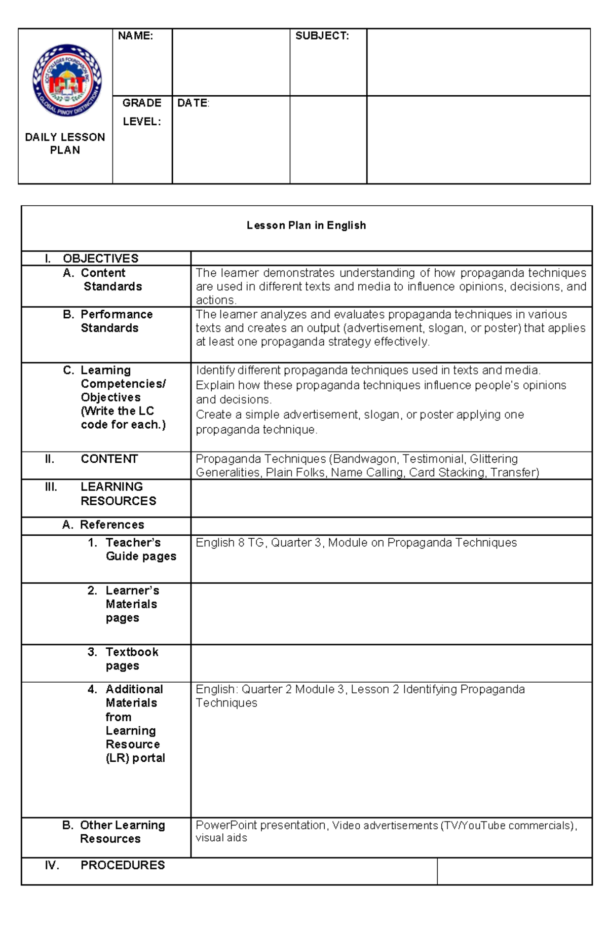 Daily Lesson Plan: Understanding Propaganda Techniques (Eng I) - Studocu