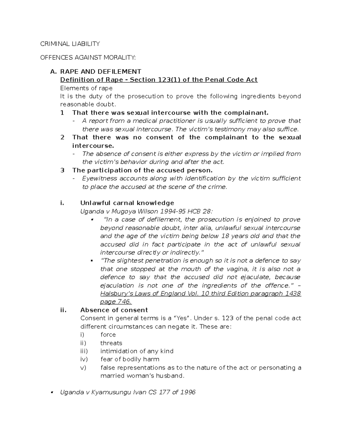 Criminal Law II Notes on Offences Against Morality and Property - UCU ...