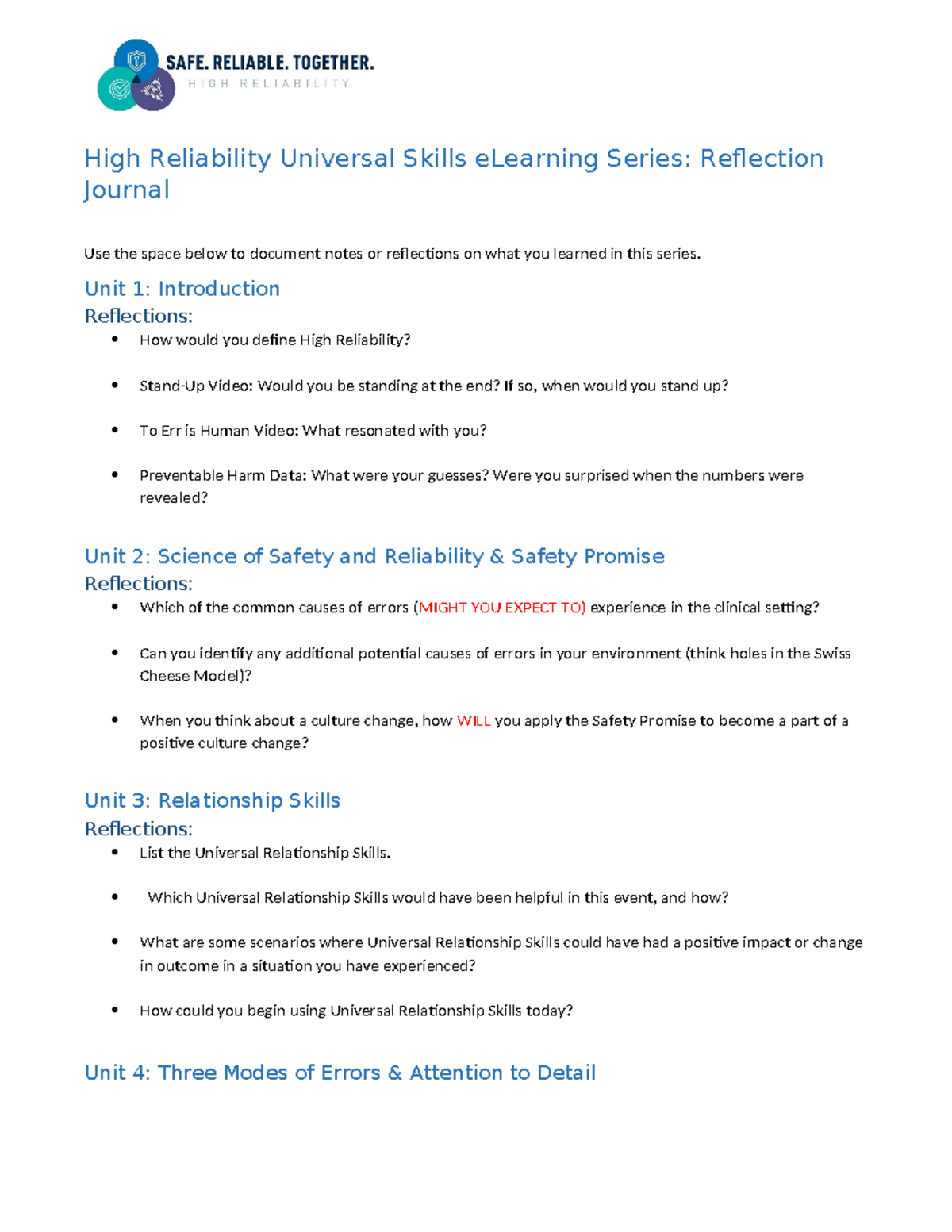 High Reliability Universal Skills Series Reflection Journal Std Version ...