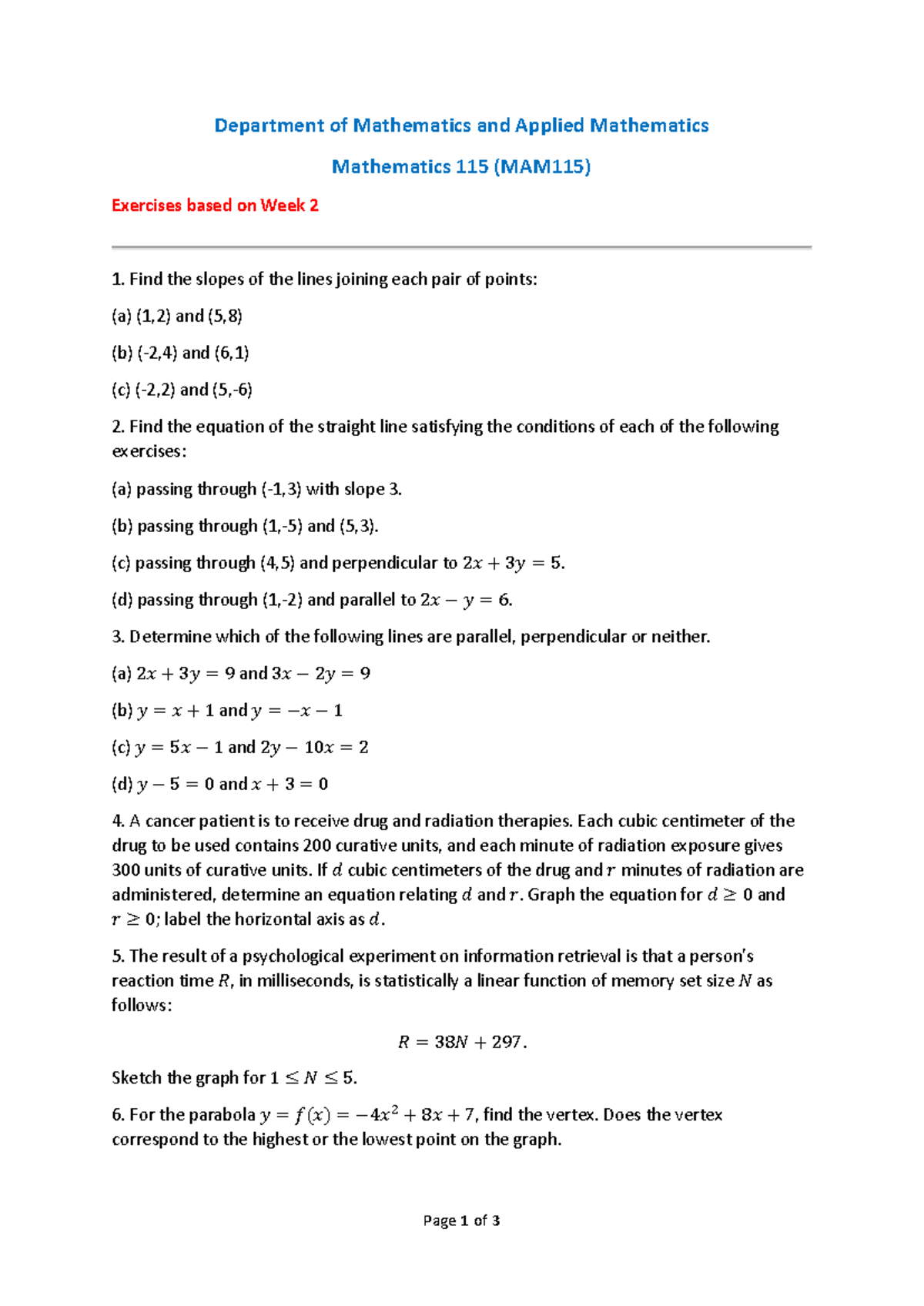 MAM115 Week 2 Exercises - Studocu