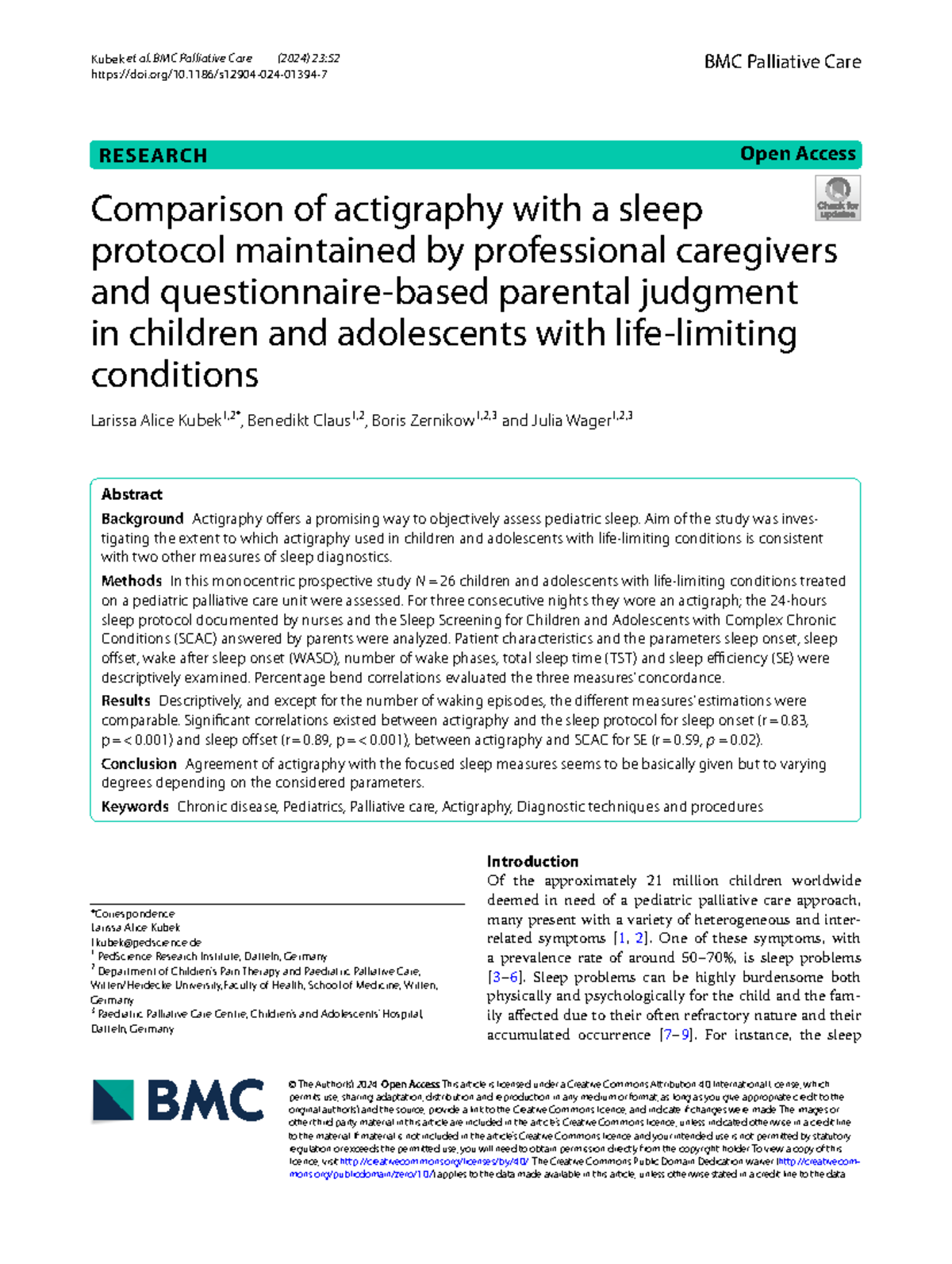Comparison of Actigraphy and Sleep Protocol in Pediatric Palliative ...