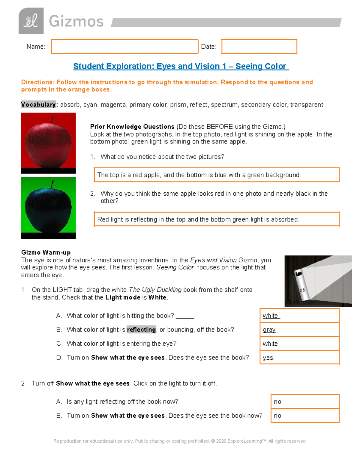 Student Exploration: Eyes & Vision 1 - Seeing Color SE Gizmo - Studocu