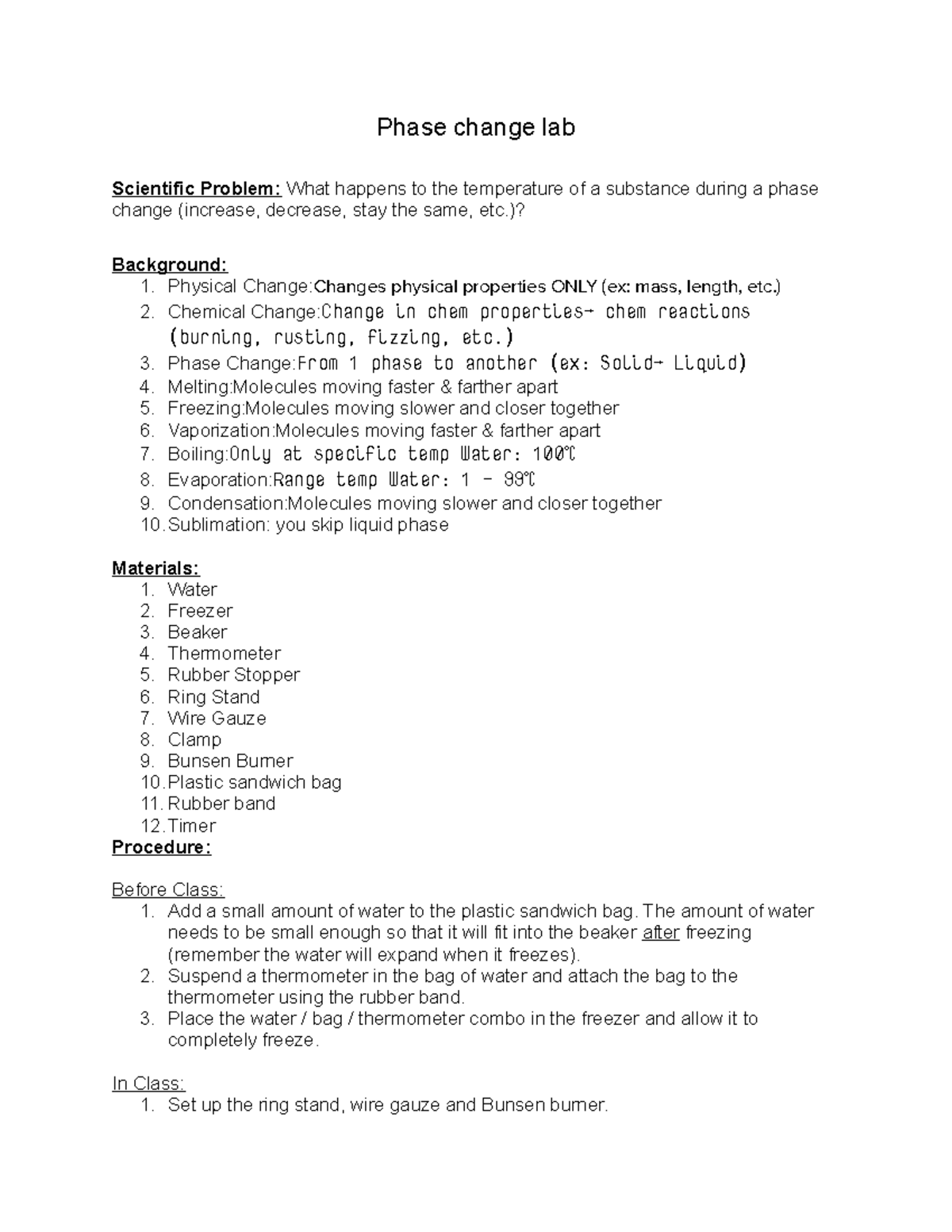 Phase change lab - Phase change lab Scientific Problem: What happens to ...