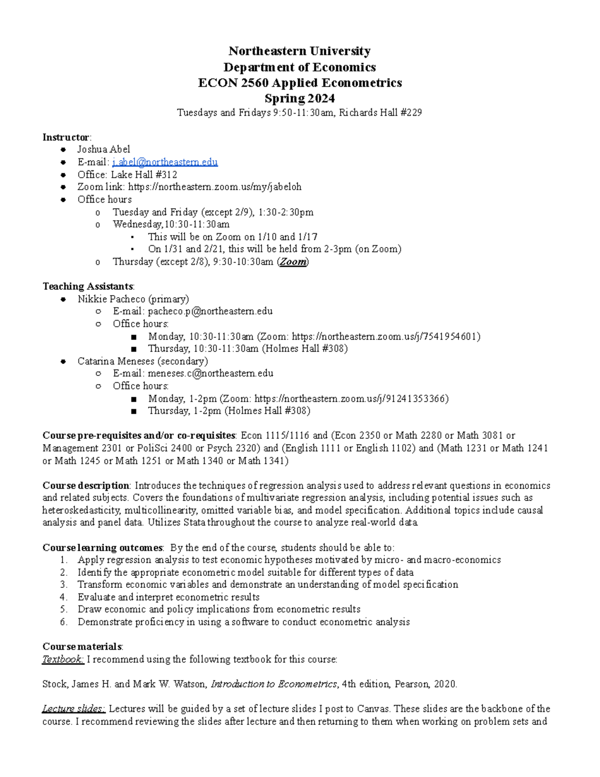 Econ2560 Applied Econometrics Syllabus - Spring 2024 - Studocu