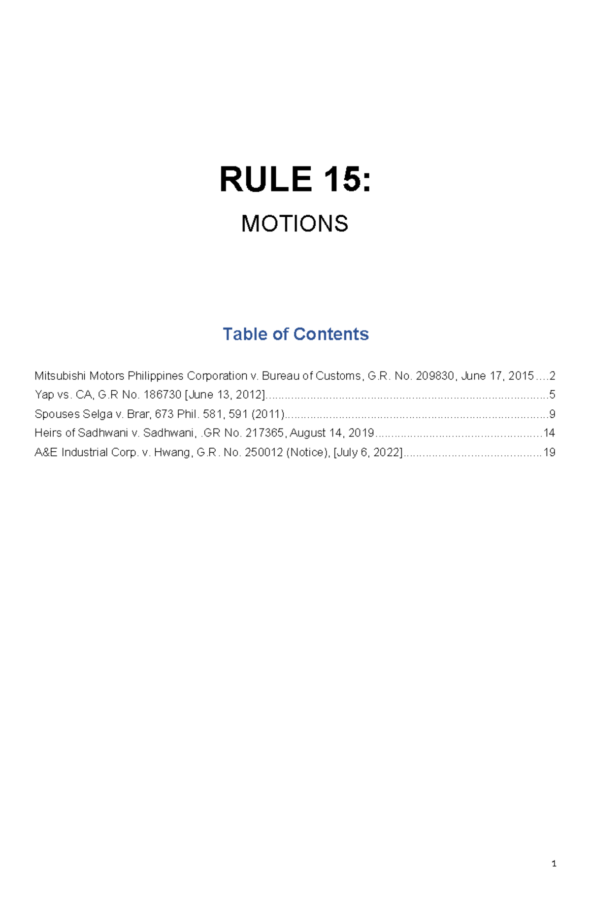 Revised Title: Civil Procedure RULE 15: Motions and Key Case Decisions ...