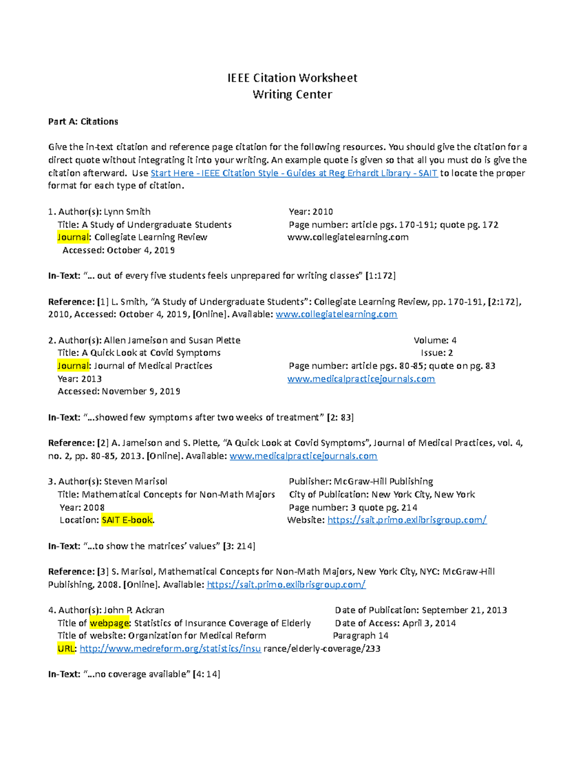 IEEE Citation Worksheet Guide for Academic Writing - Studocu