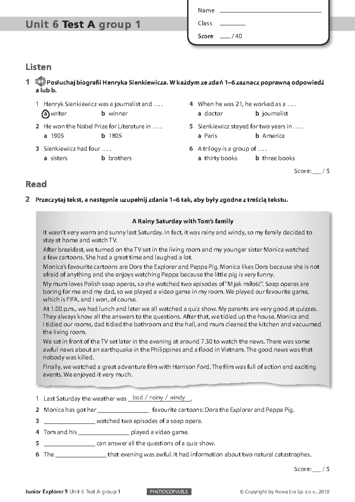 Junior Explorer 5 Unit 6 Test A - Group 1 Evaluation Document - Studocu