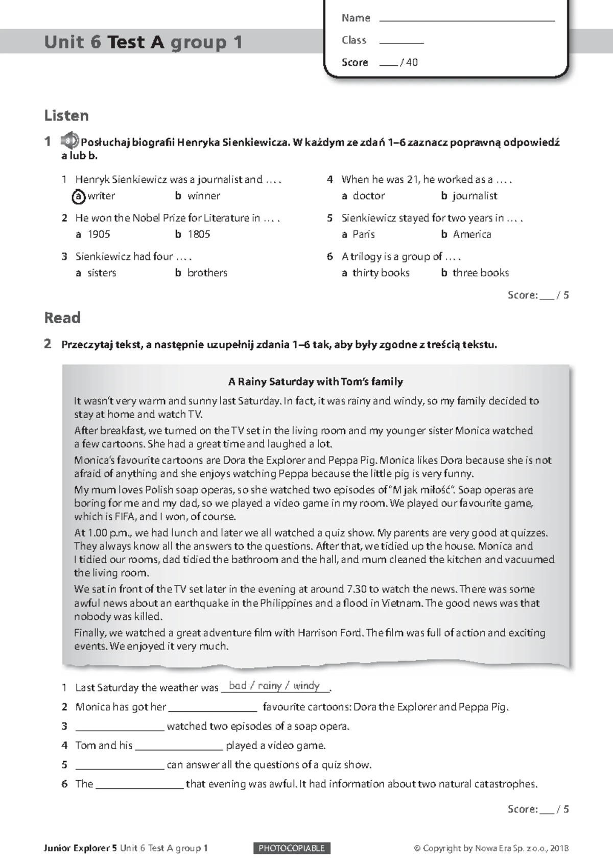 Junior Explorer 5 Unit 7 Test B: Listening, Reading & Grammar - Studocu