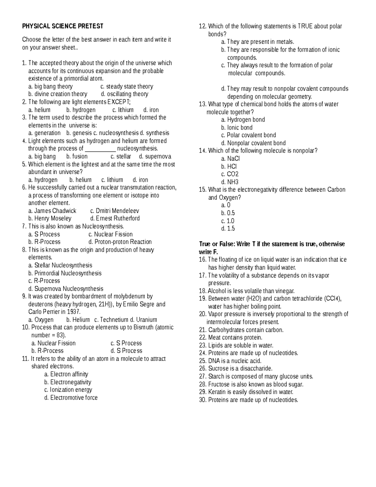 Pretest: PHSC 101 Physical Science Assessment Questions - Studocu