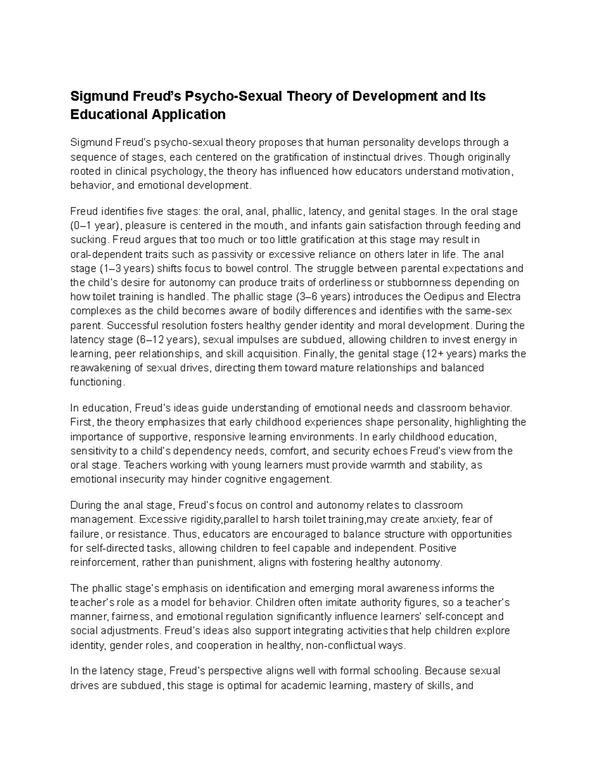 Sigmund Freud's Psycho-Sexual Development Theory & Education - Studocu