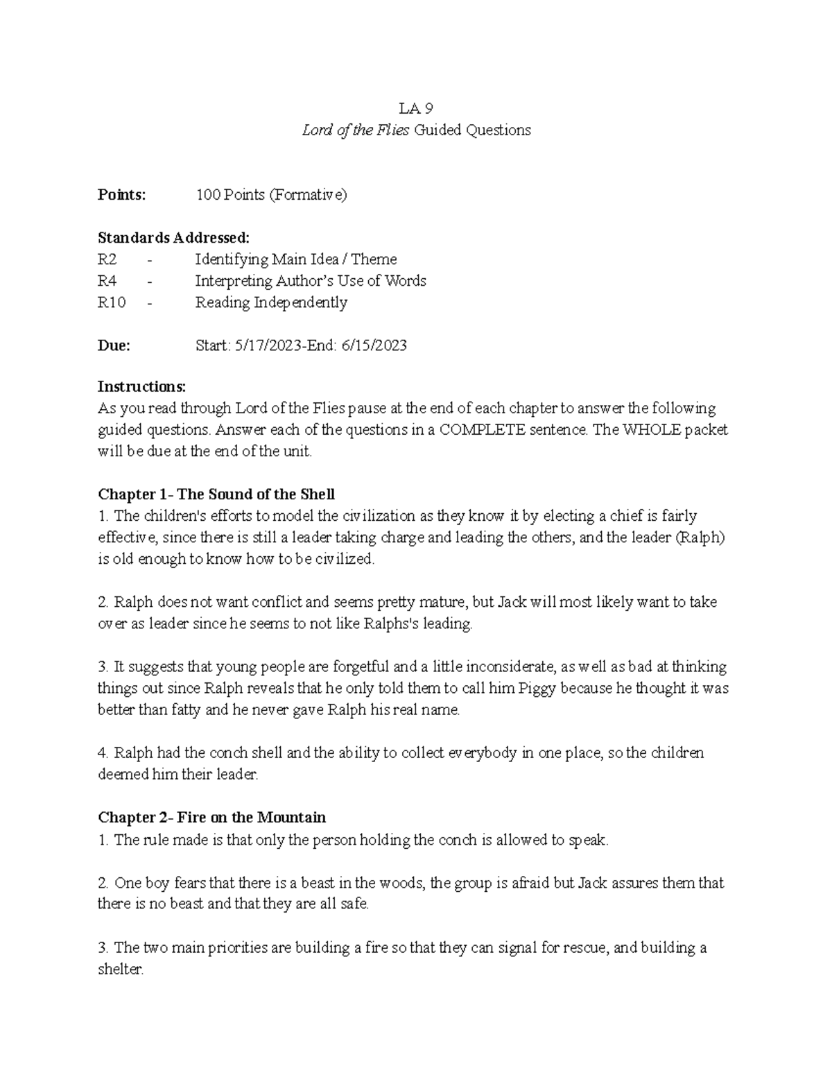 LA 9 Final Exam: Lord of the Flies Guided Questions and Analysis - Studocu