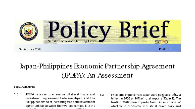 PB 2007 01 JPEPA: A Comprehensive Assessment of Japan-Philippines ...