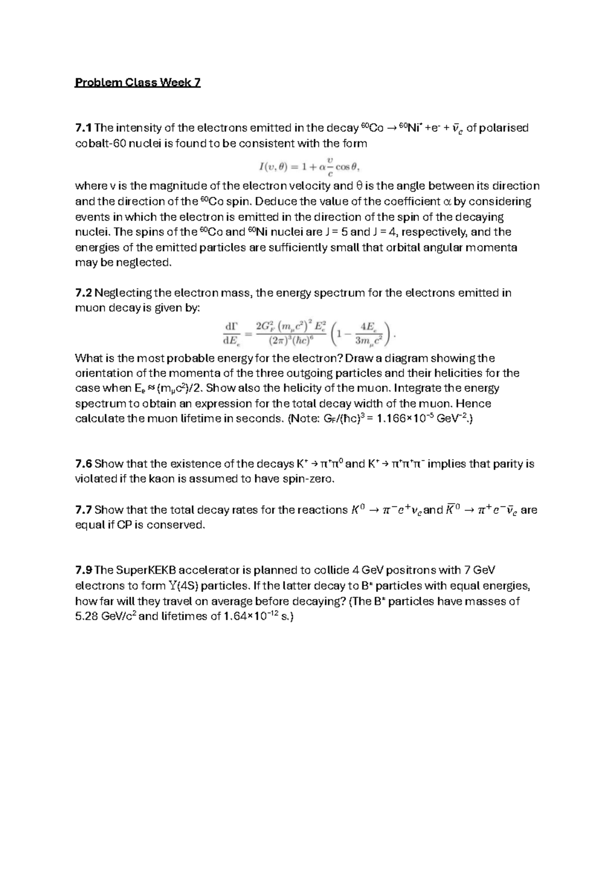 Problem Class Exercises - Topic 7: Electron Decay and Muon Lifetime ...