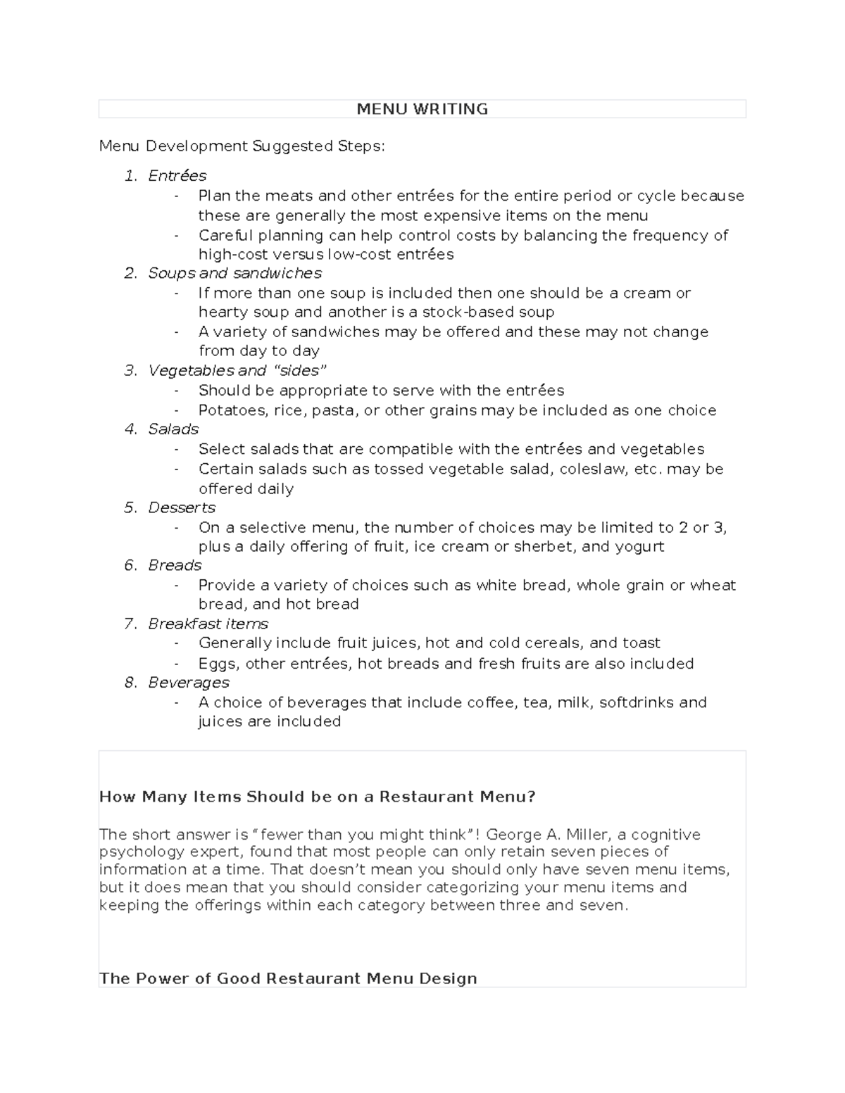 MENU WRITING: Steps for Developing a Restaurant Menu - Studocu