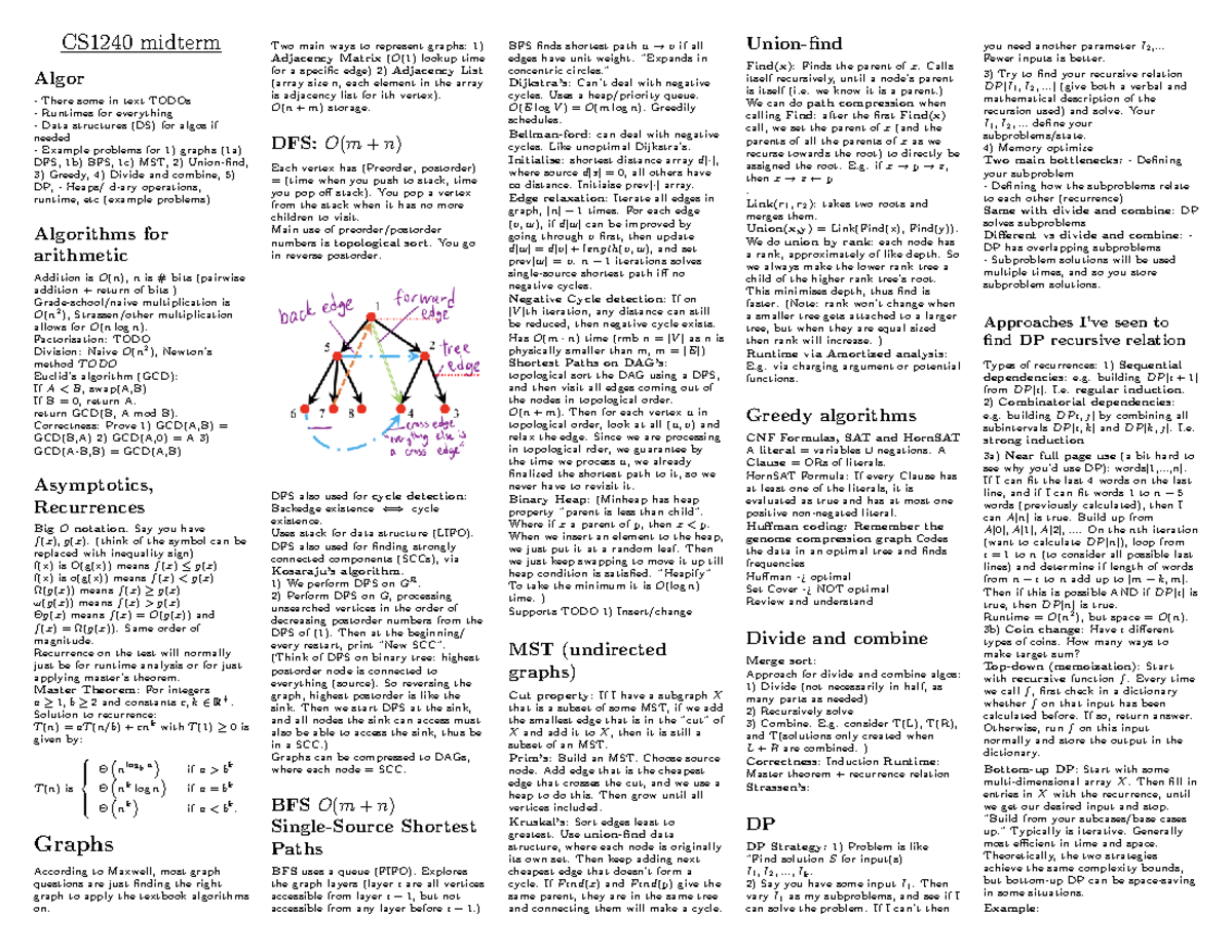 CS1240 Midterm Cheatsheet: Algorithms, Data Structures & Runtimes - Studocu