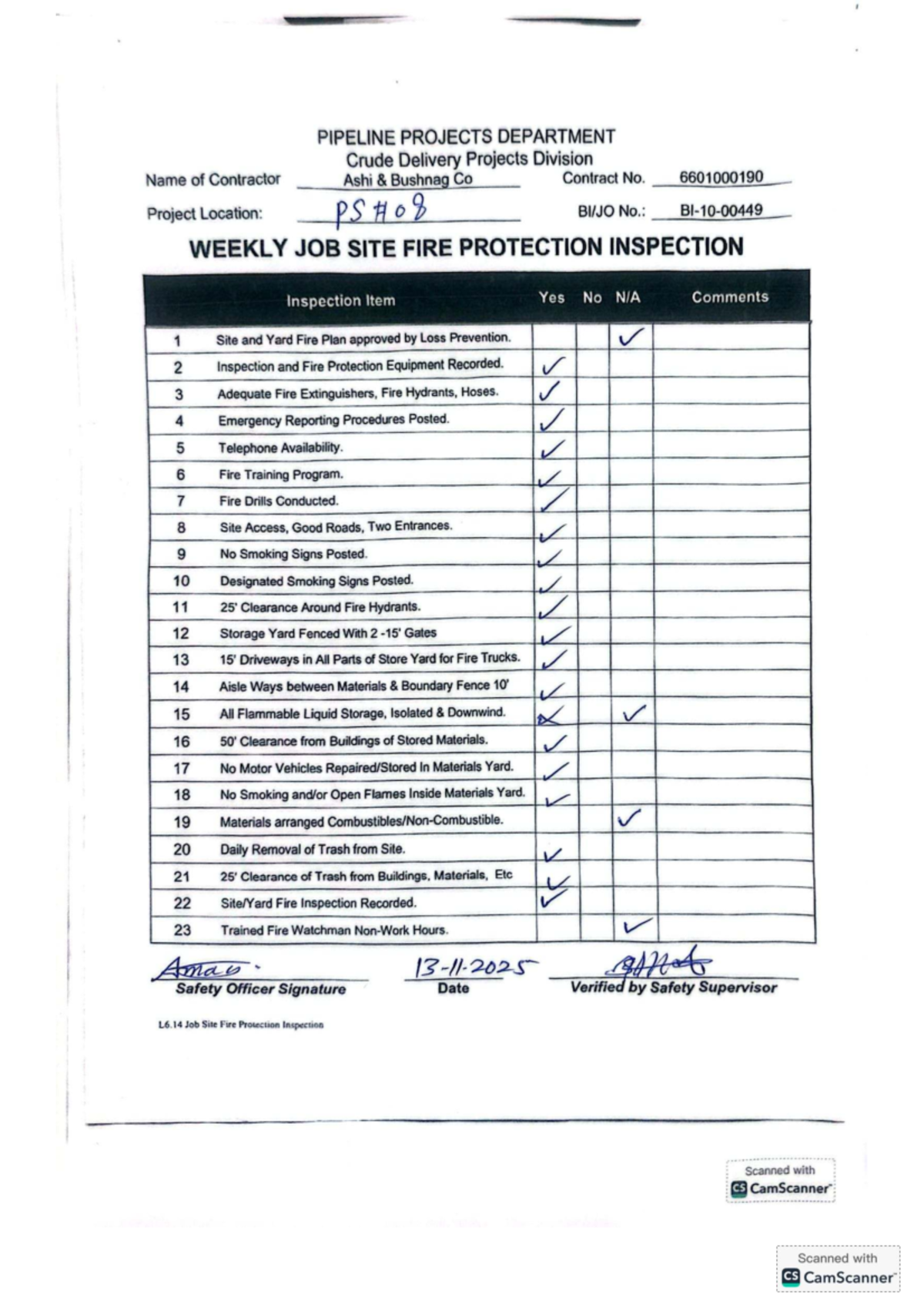 WEEKLY JOB SITE FIRE PROTECTION INSPECTION L6.14 - Crude Delivery ...