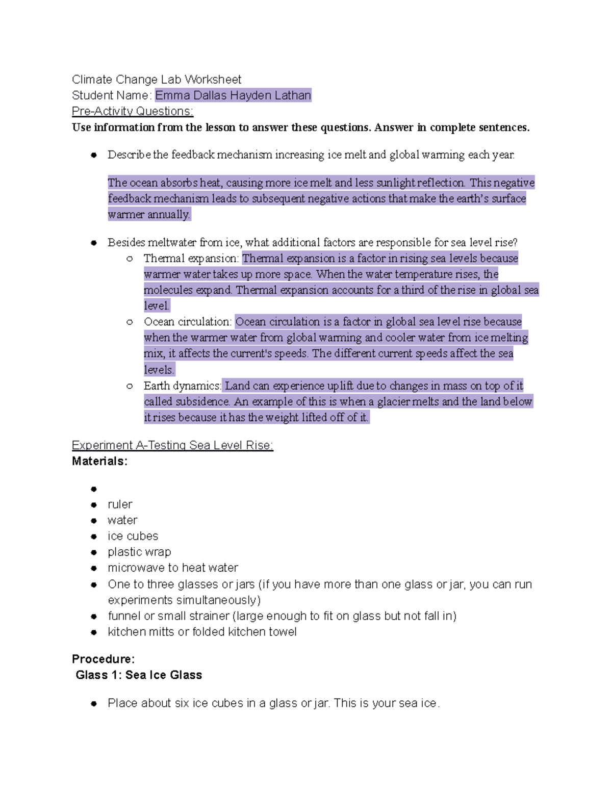Climate Change Lab Worksheet: Analyzing Sea Level Rise Effects - Studocu