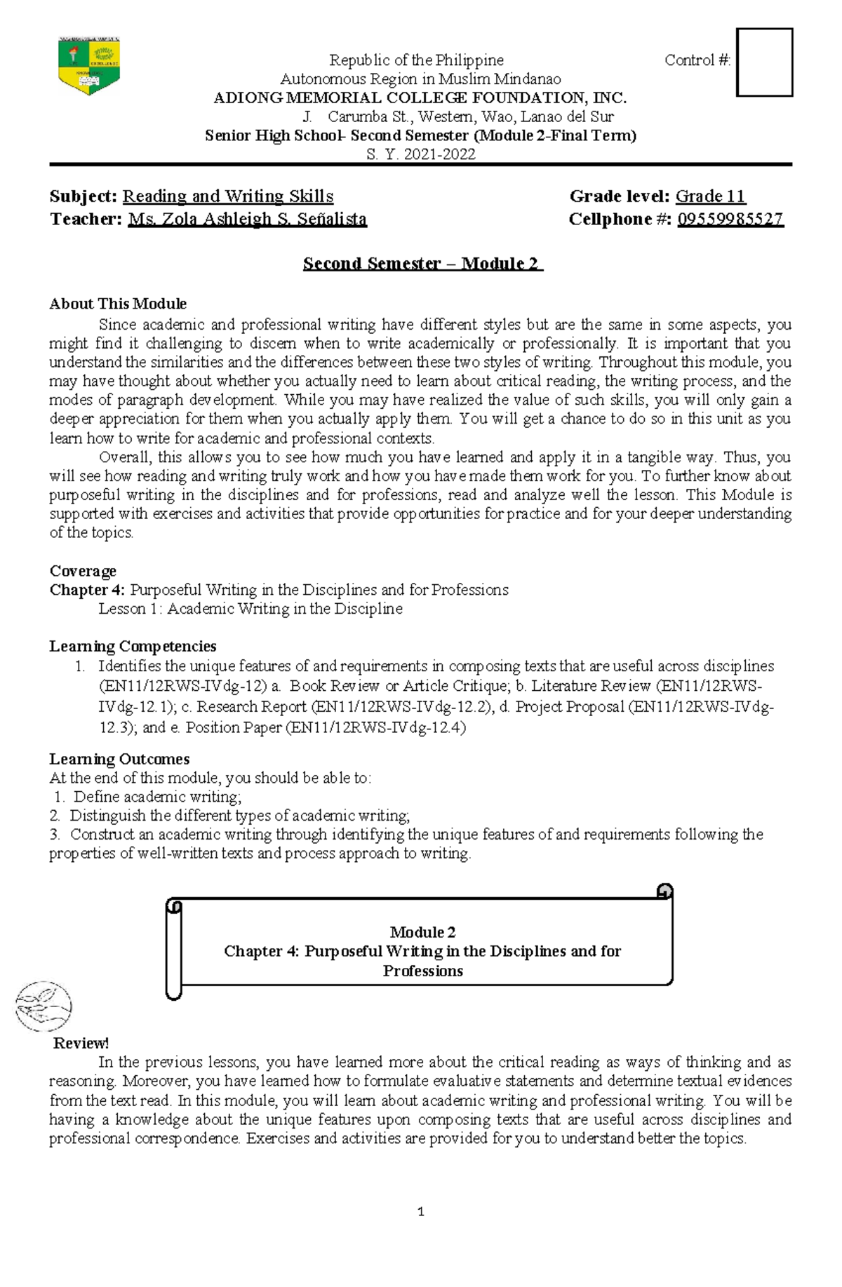 Reading and Writing Skills Module 2: Academic Writing Focus (Grade 11 ...