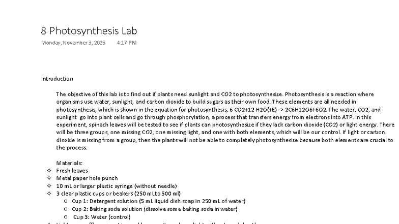 Chapter 8: Photosynthesis Lab Experiment on Light & CO2 Effects - Studocu