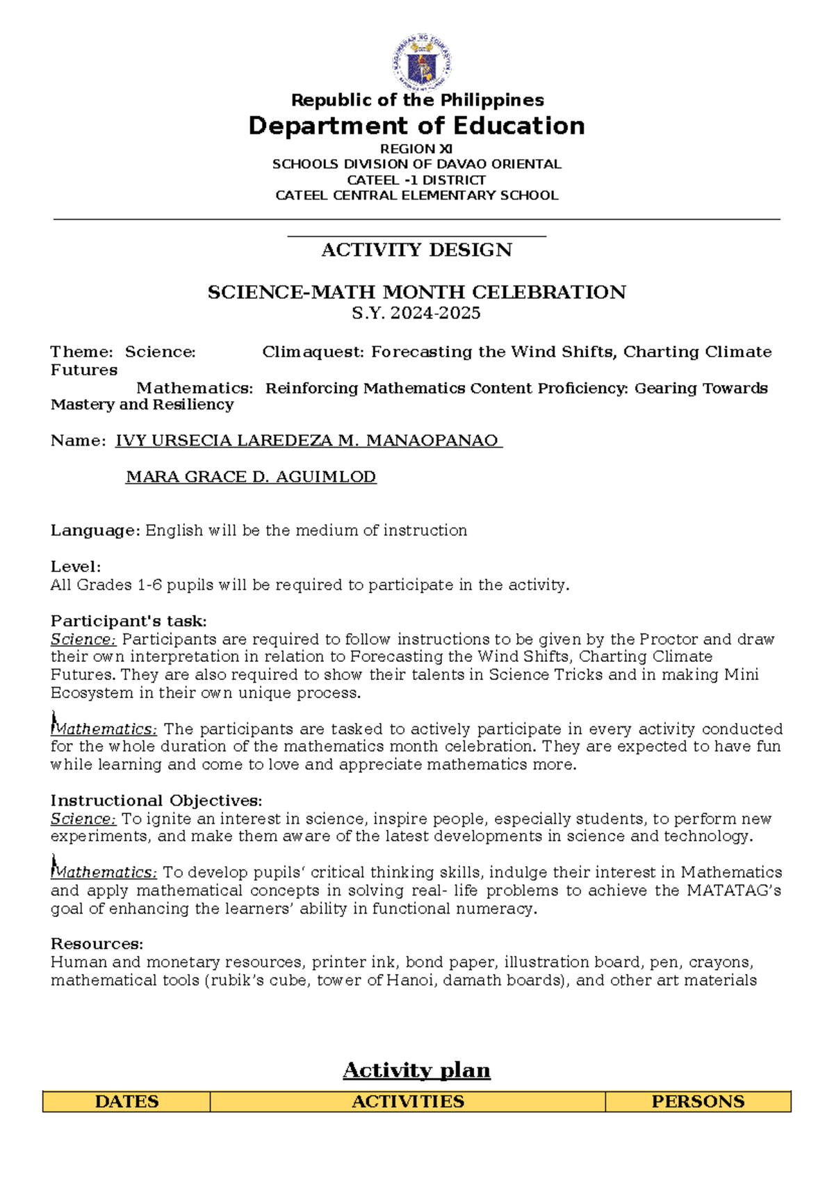 Activity Design: Science-Math Month Celebration 2024-2025 - Studocu