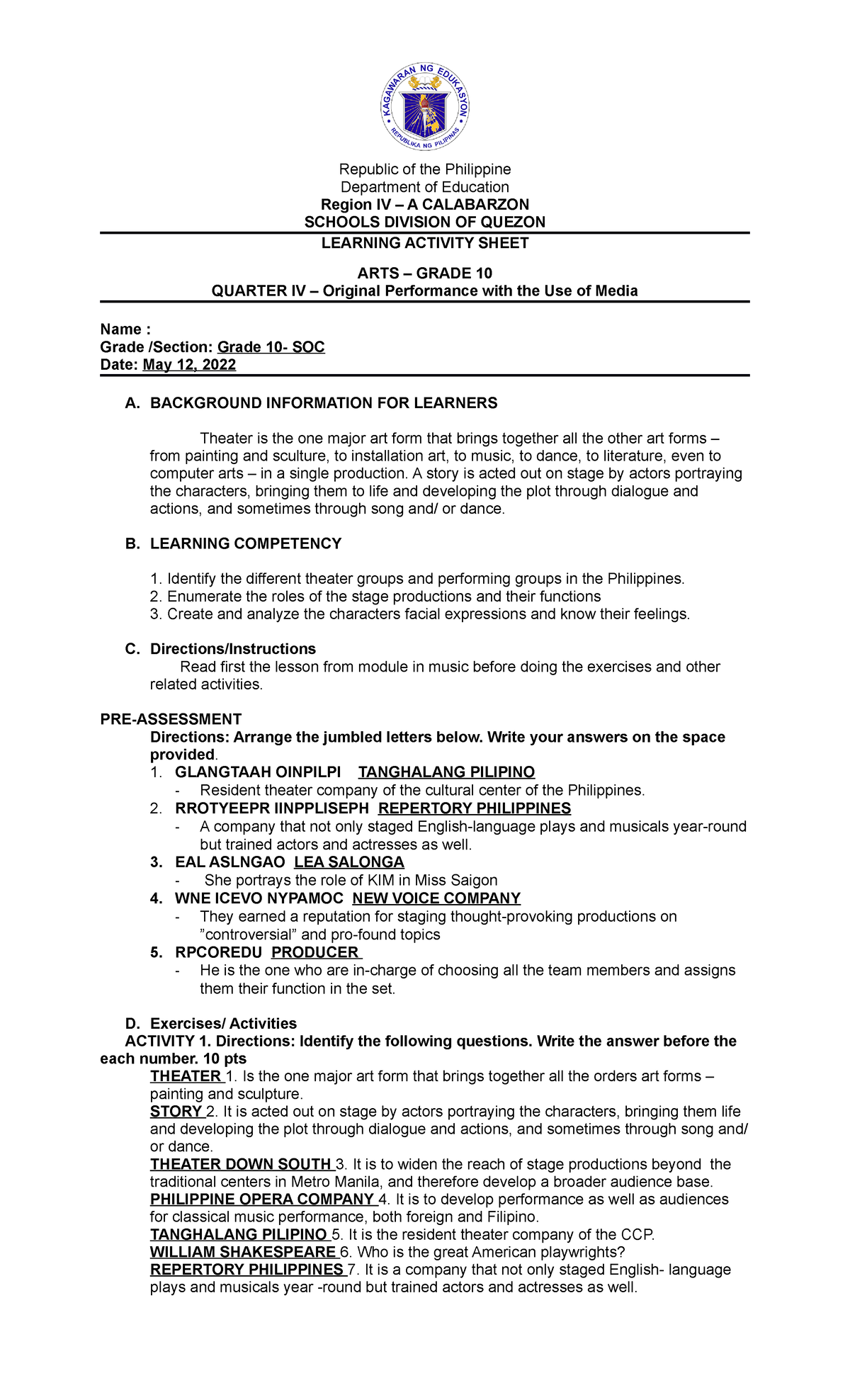 ARTS 10 Q4 WEEK 2 - MAPEH-Arts-Grade 10 - Republic of the Philippine ...