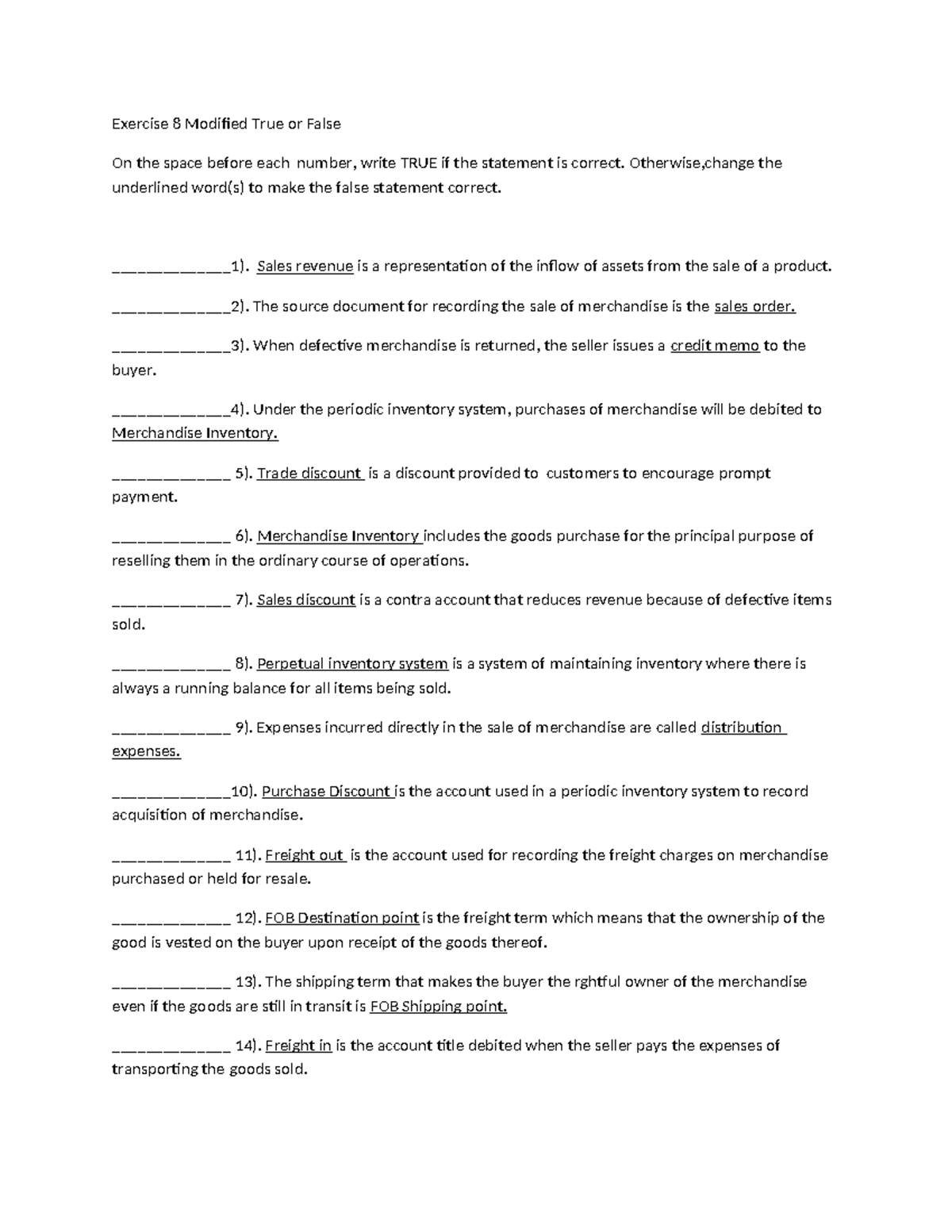 FDNACCT Exercise 8: True or False Statements Analysis - Studocu