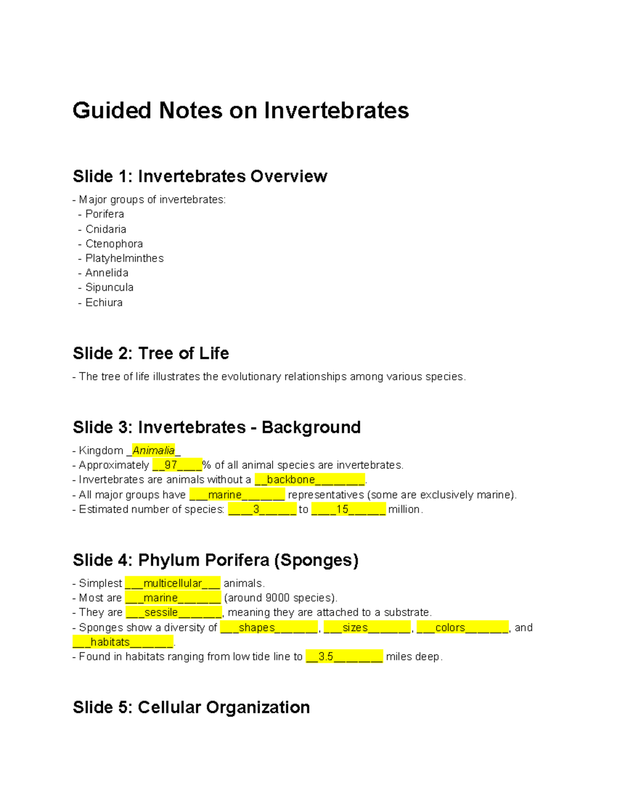 Invertebrates Guided Notes: Key Concepts and Classifications - Studocu