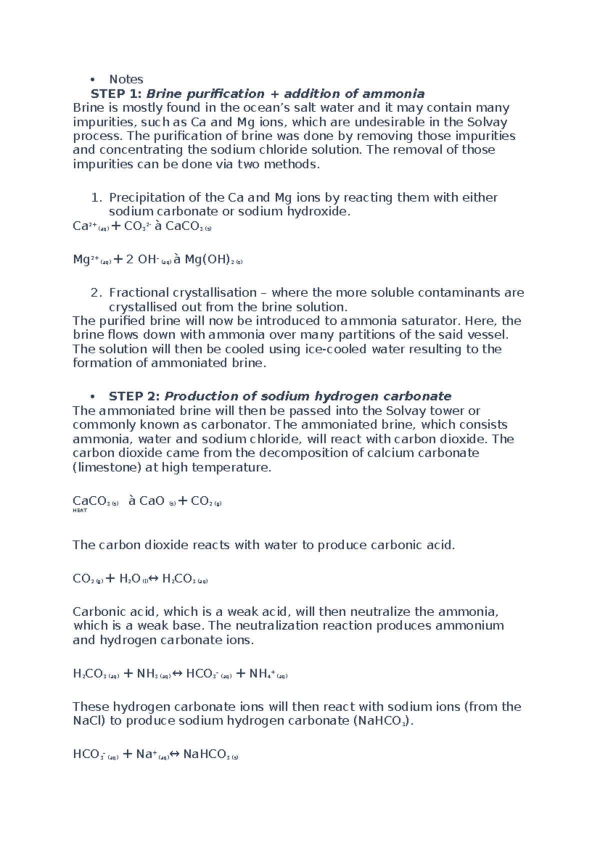 Solvay Process Notes: Brine Purification & Sodium Production - Studocu