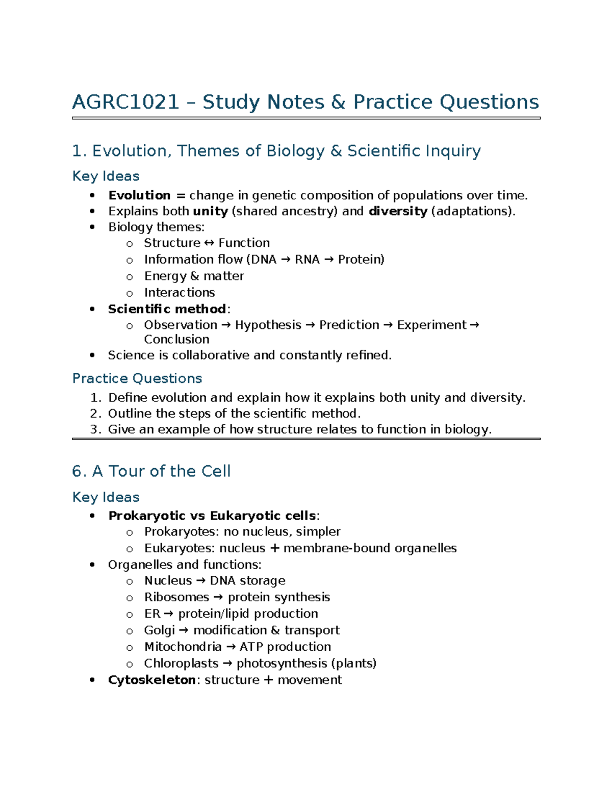 AGRC1021 Study Notes & Practice Questions on Evolution and Biology ...
