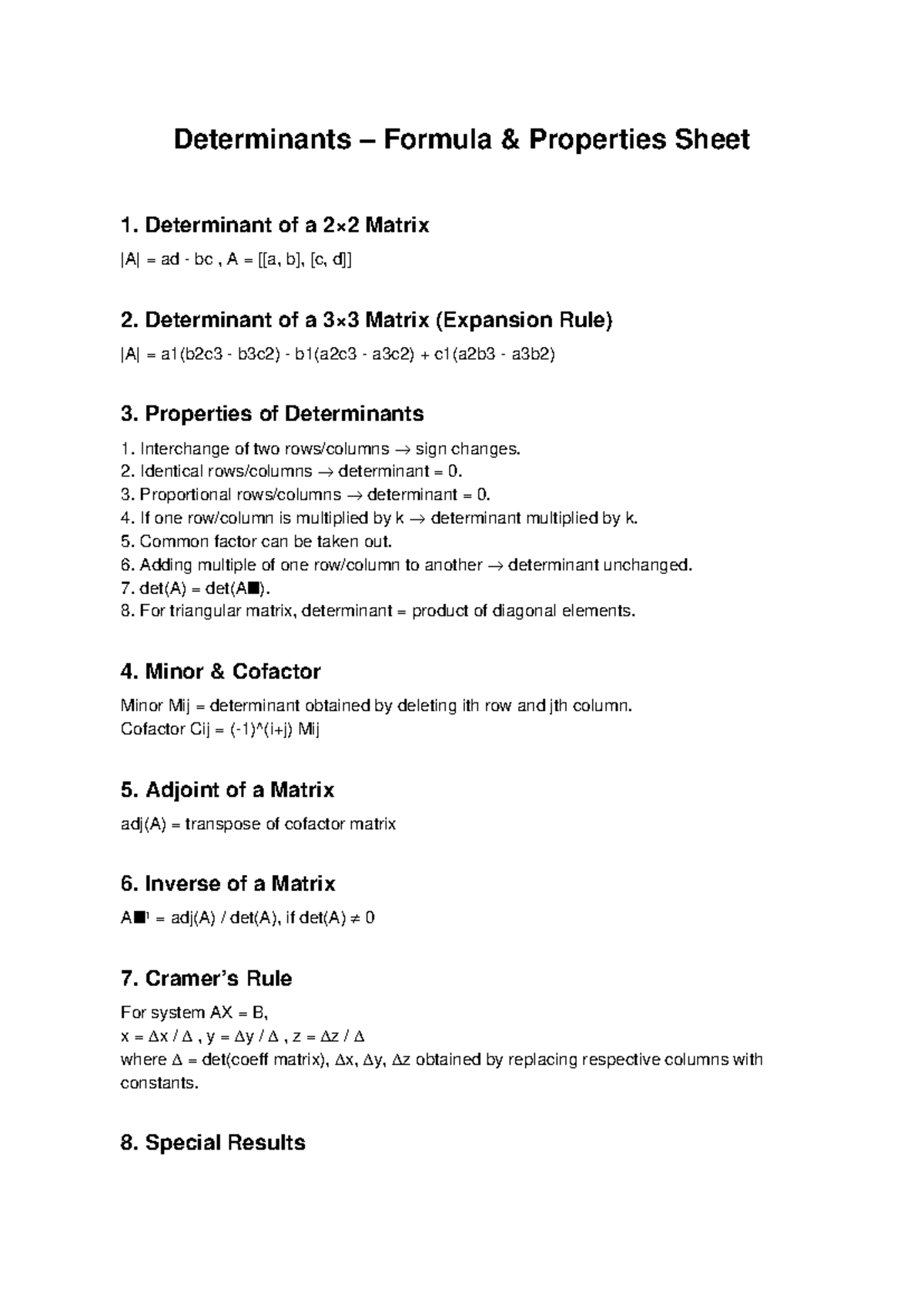 Determinants Formula Properties Sheet: Key Concepts & Rules - Studocu